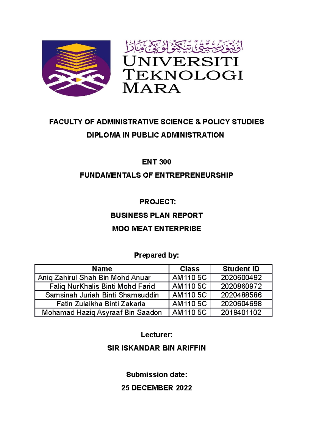 ENT300 Business PLAN - sila - FACULTY OF ADMINISTRATIVE SCIENCE ...