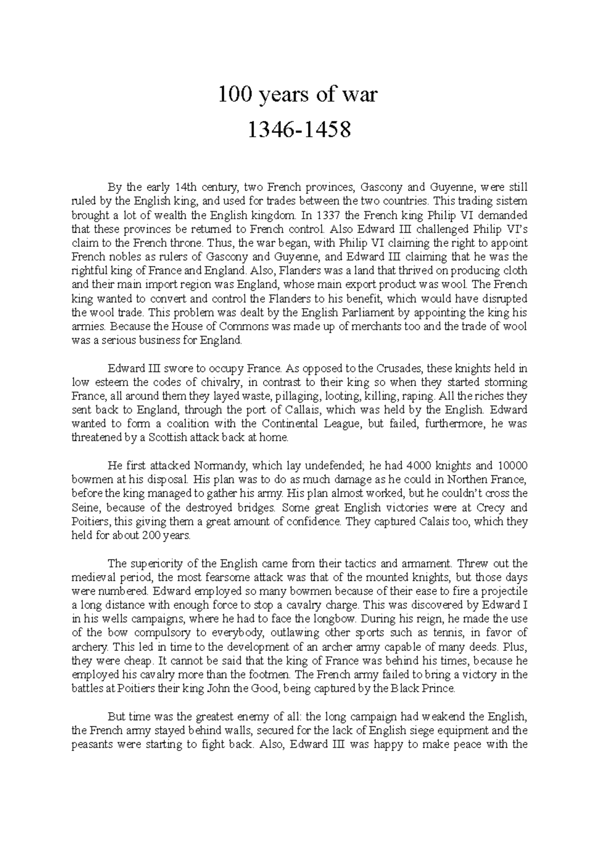 100 years of war - Lecture notes 1 - 100 years of war 1346- By the ...