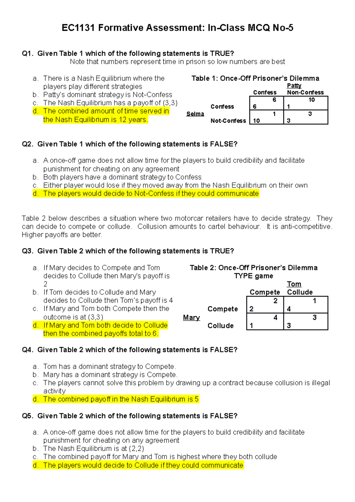 In-Class MCQ-Cartels - EC1131 Formative Assessment: In-Class MCQ No-5 ...