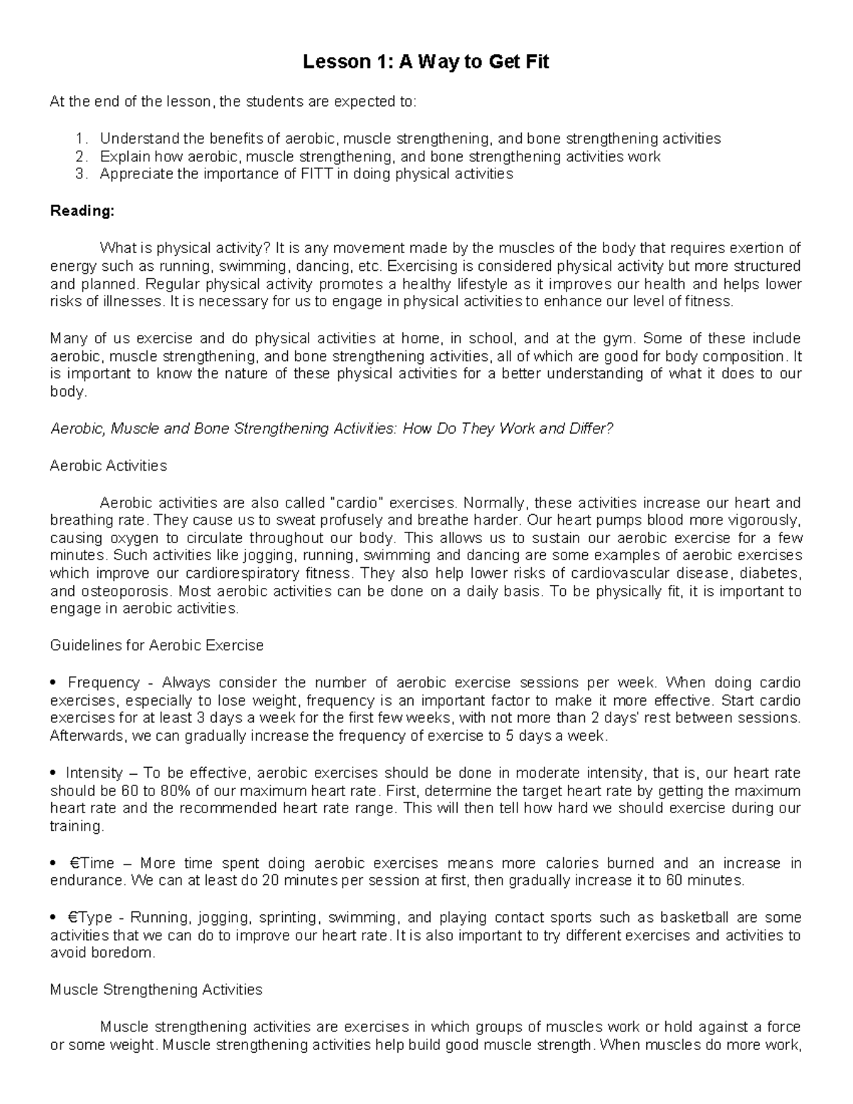 HOPE 2 Lesson 1 7 - HOPE - Lesson 1: A Way to Get Fit At the end of the ...