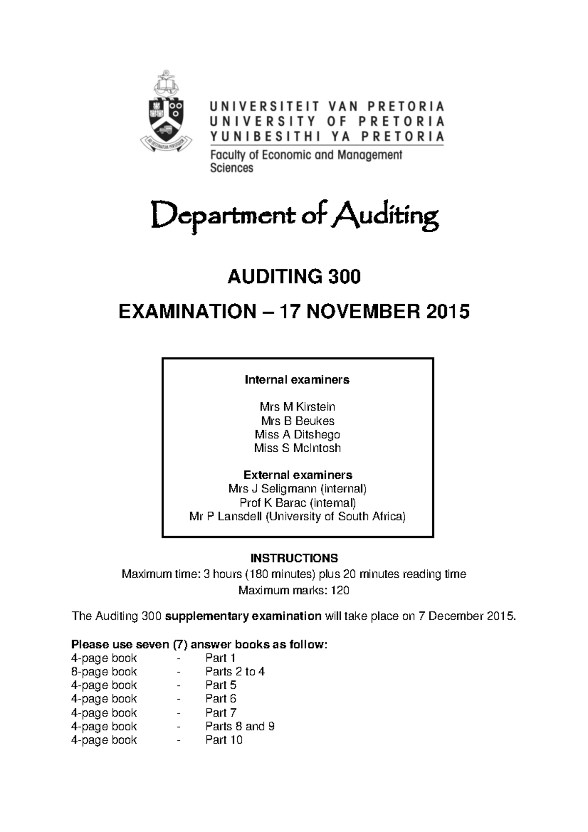 Examination Q 2015 - Department of Auditing AUDITING 300 EXAMINATION ...