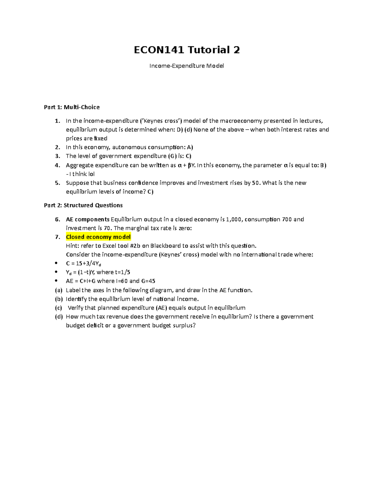 ECON141 Tutorial 2 - Income-Expenditure Model - ECON141 Tutorial 2 ...