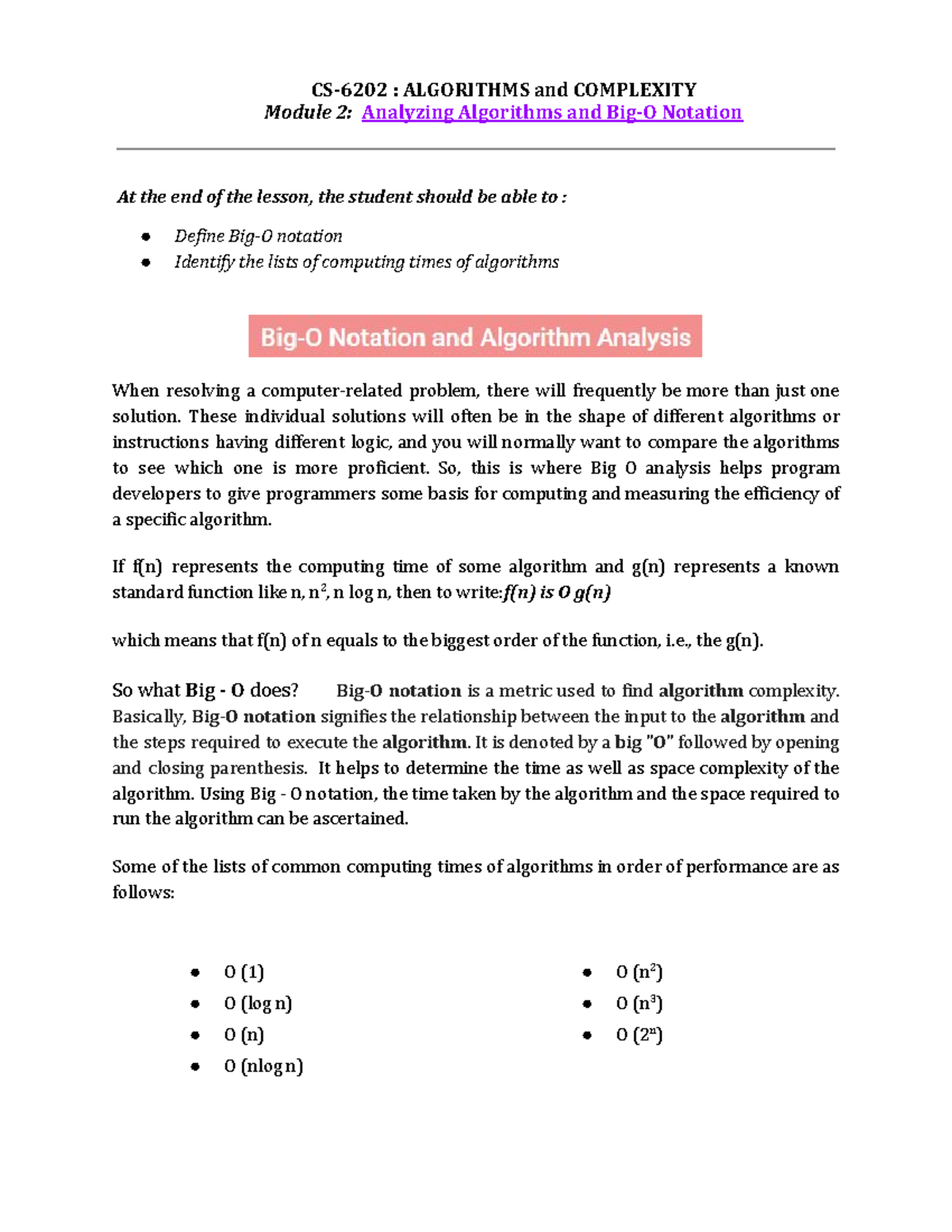 Module 2 Big O Notation Module 2 Analyzing Algorithms And Big O
