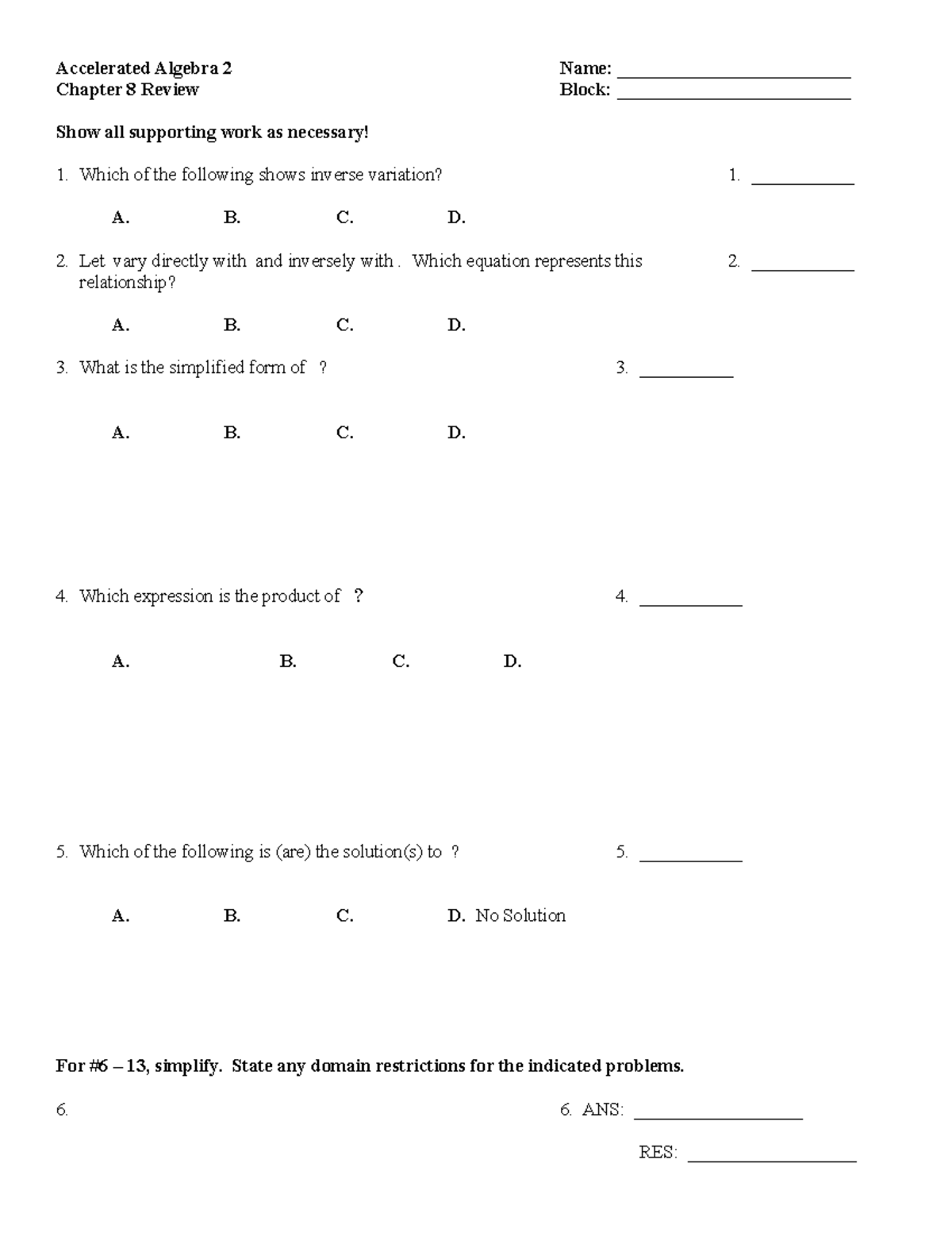 Chapter 8 Test Review - Revuew - Accelerated Algebra 2 Name ...