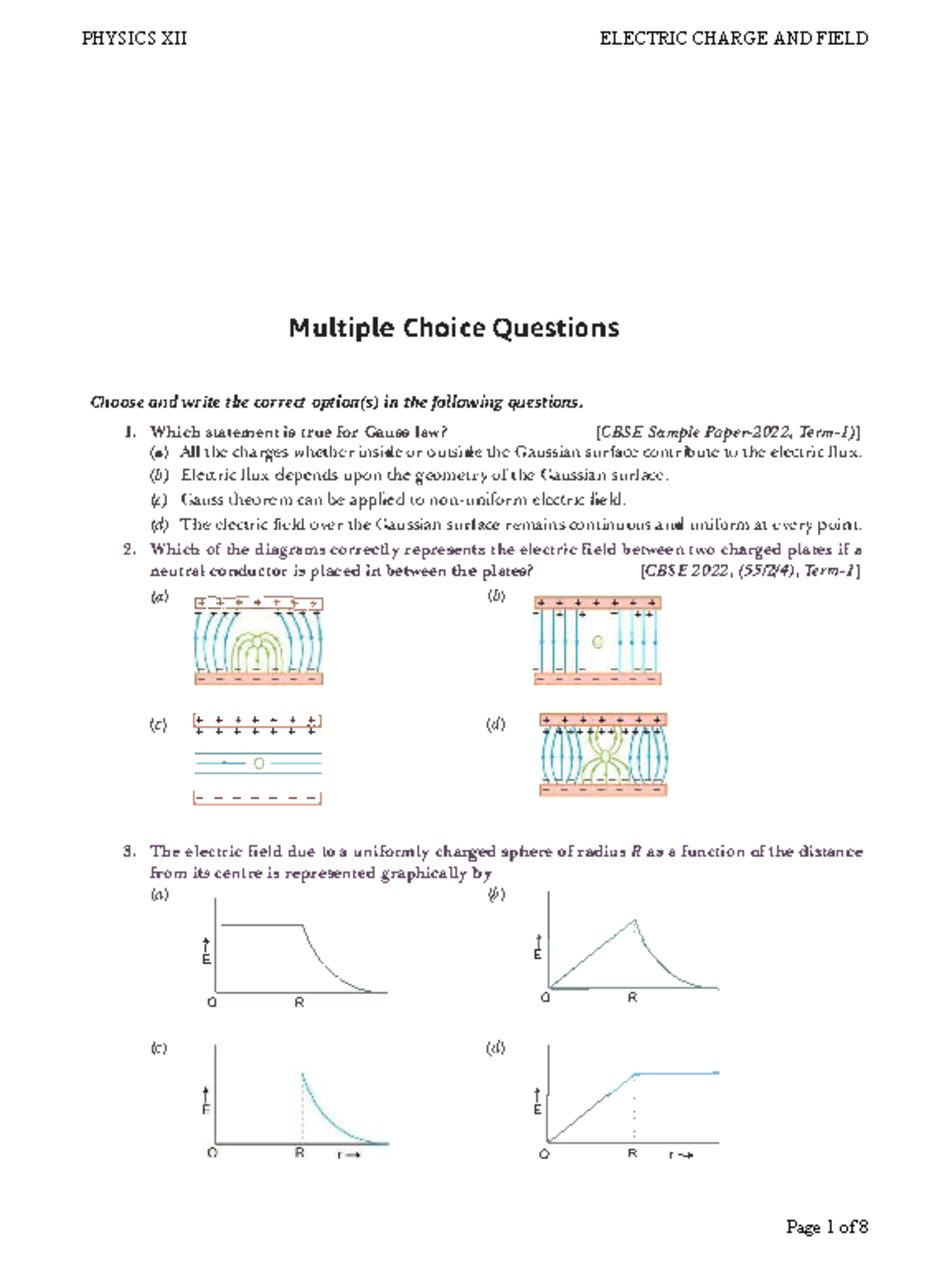 Electric charge and field (mcq ) - Multiple Choice Questions Choose and ...