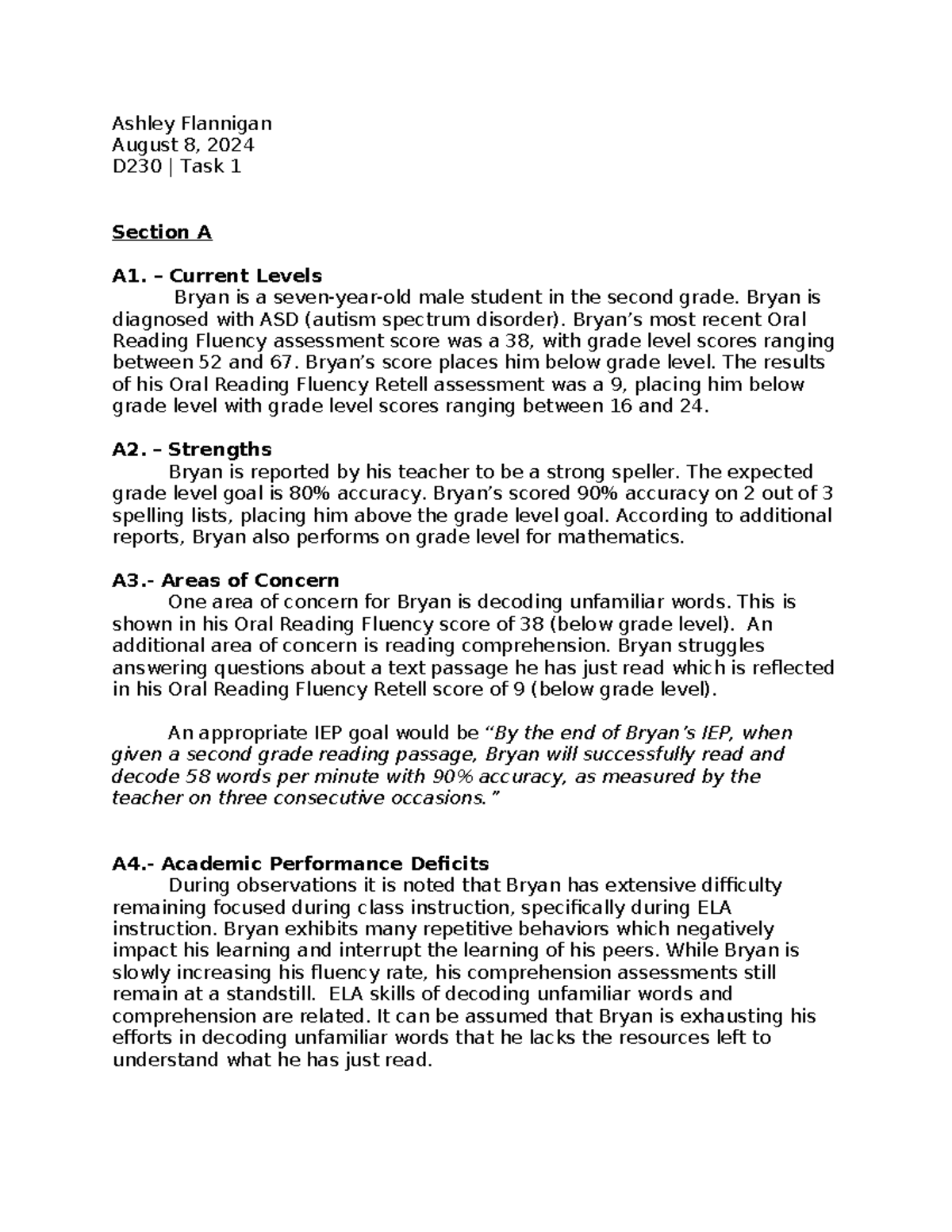 D230 Task1 - Task 1 | Student Analysis - Ashley Flannigan August 8 ...