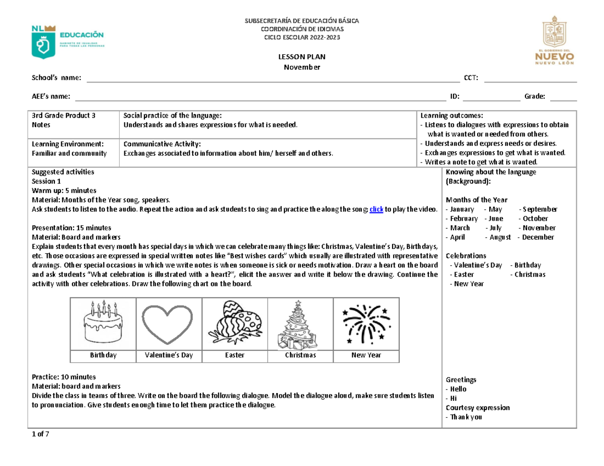 3rd Grade Lesson Plan November - SUBSECRETARÍA DE EDUCACIÓN BÁSICA ...