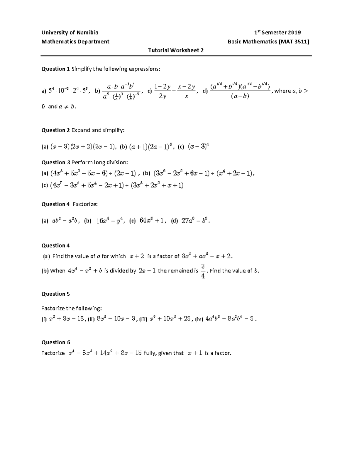 2019 Tutorial Wk 2-1 - University of Namibia 1 st Semester 2019 ...