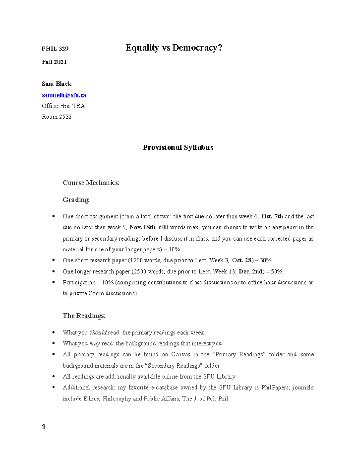 329 Syllabus - PHIL 329 Equality vs Democracy? Fall 2021 Sam Black ...