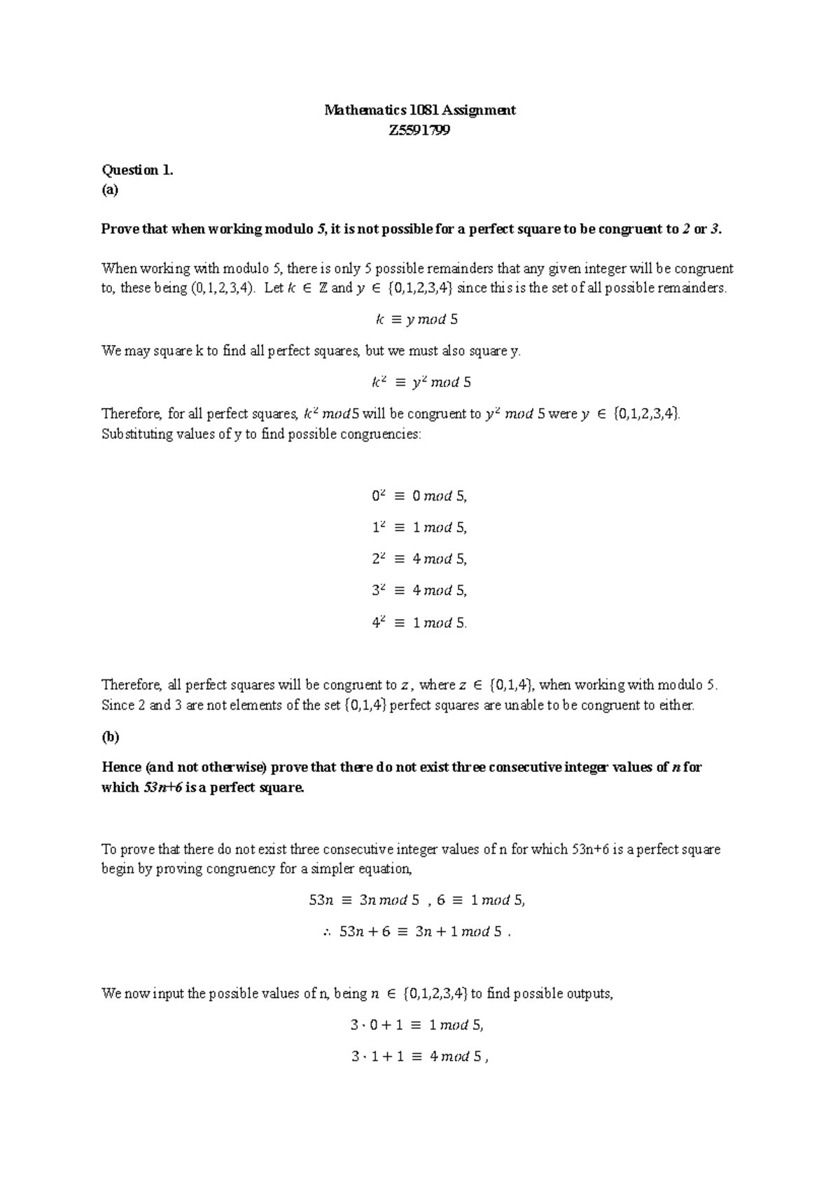 1081 assignment - Mathematics 10 81 Assignment Z 5591799 Question 1. (a) Prove that when working ...