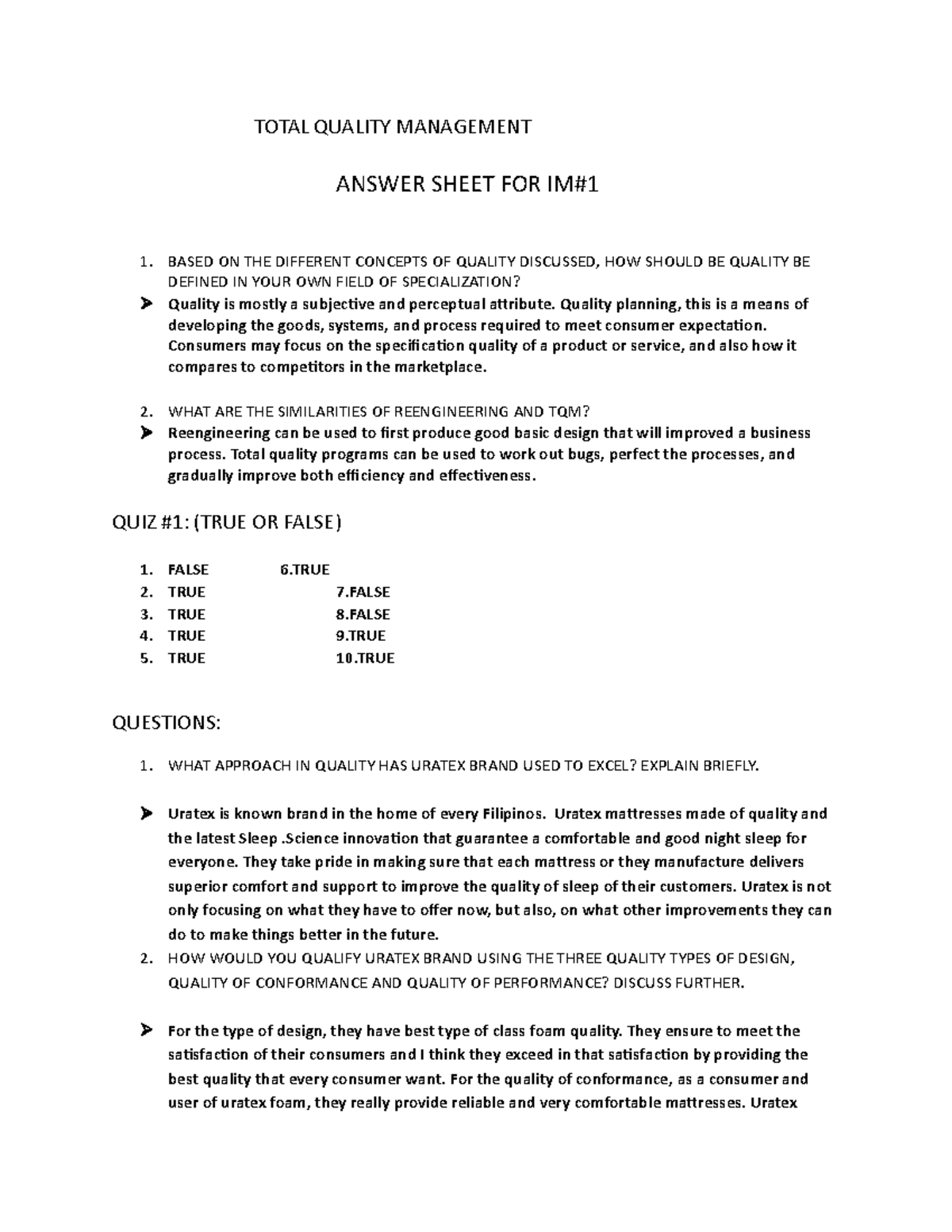 Total Quality Management Learning Activity NO.1 QUIZ Assignmet - TOTAL ...