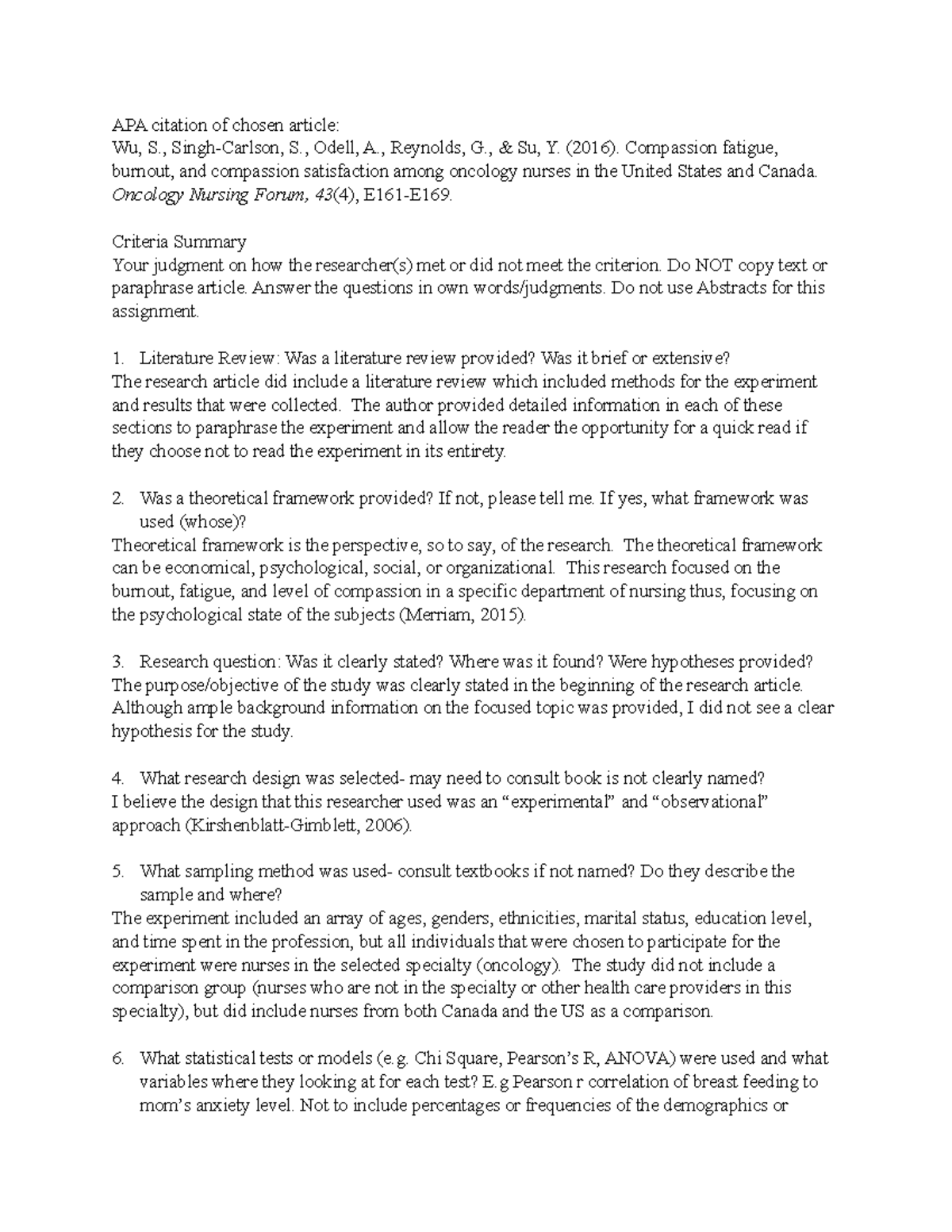 Research Quantitative Assignment - APA citation of chosen article: Wu ...