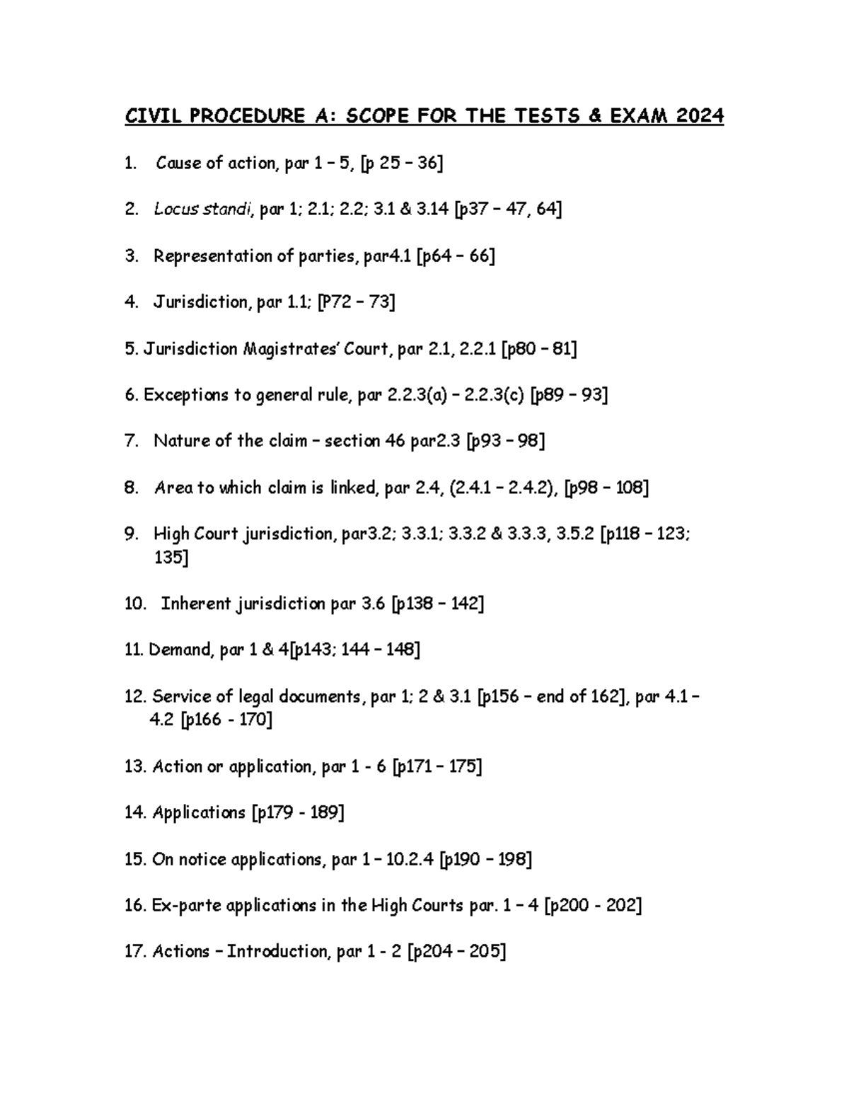 Scope Test and Exam - CIVIL PROCEDURE A: SCOPE FOR THE TESTS & EXAM ...
