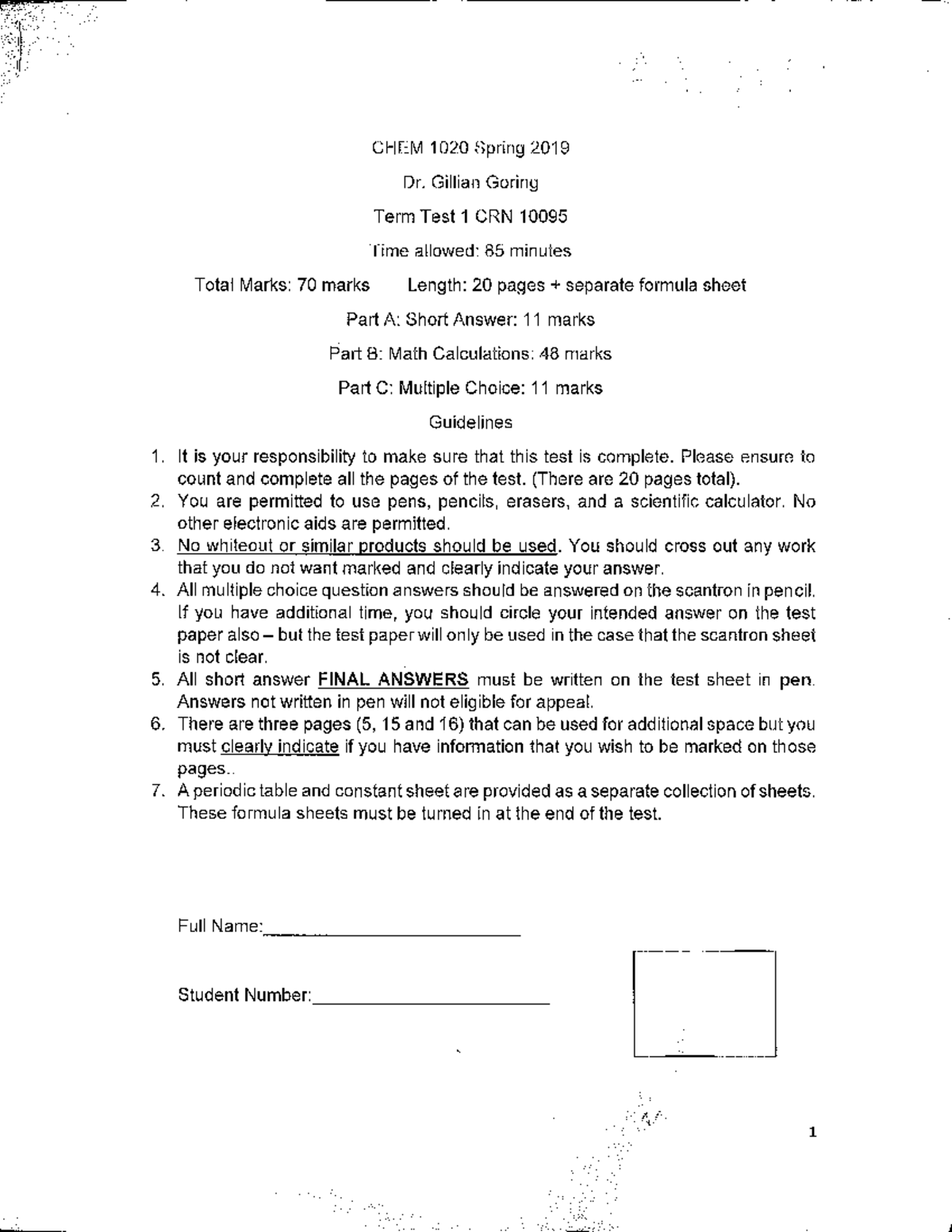 Midterm 1F 2019, questions and answers - CHEM1020U - Studocu