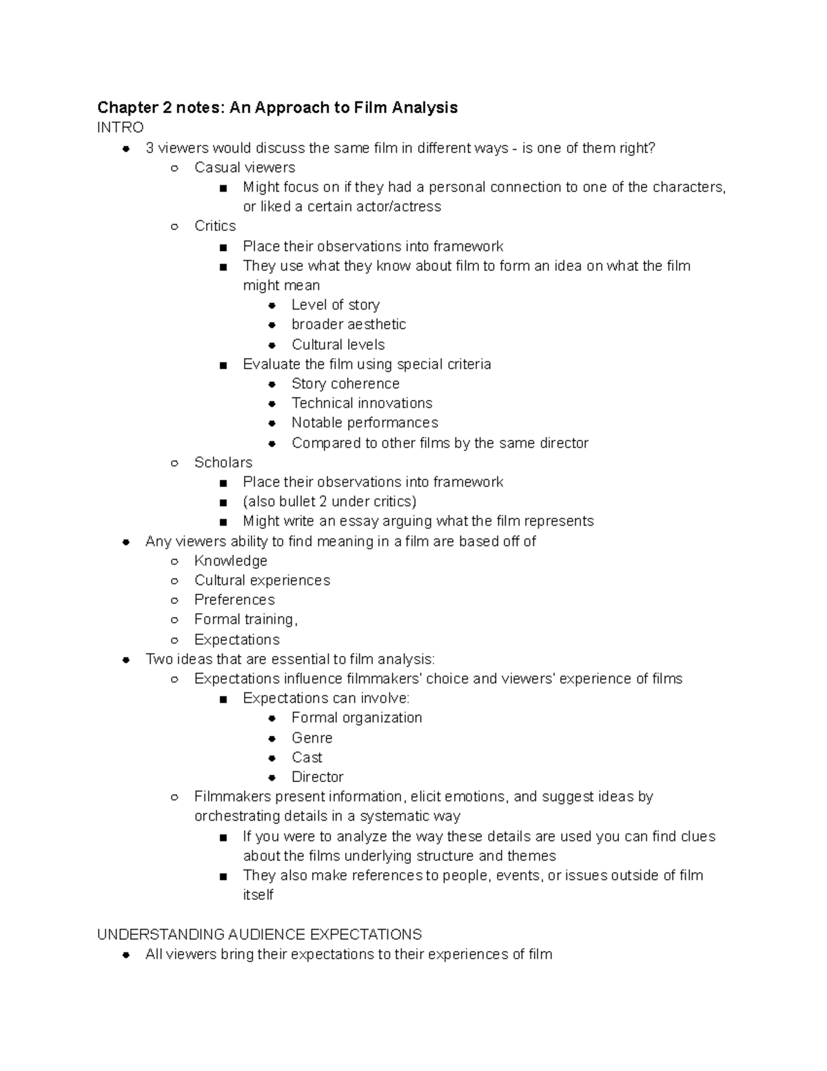 CMN 596 Film Studies - Notes - Chapter 2 notes: An Approach to Film ...