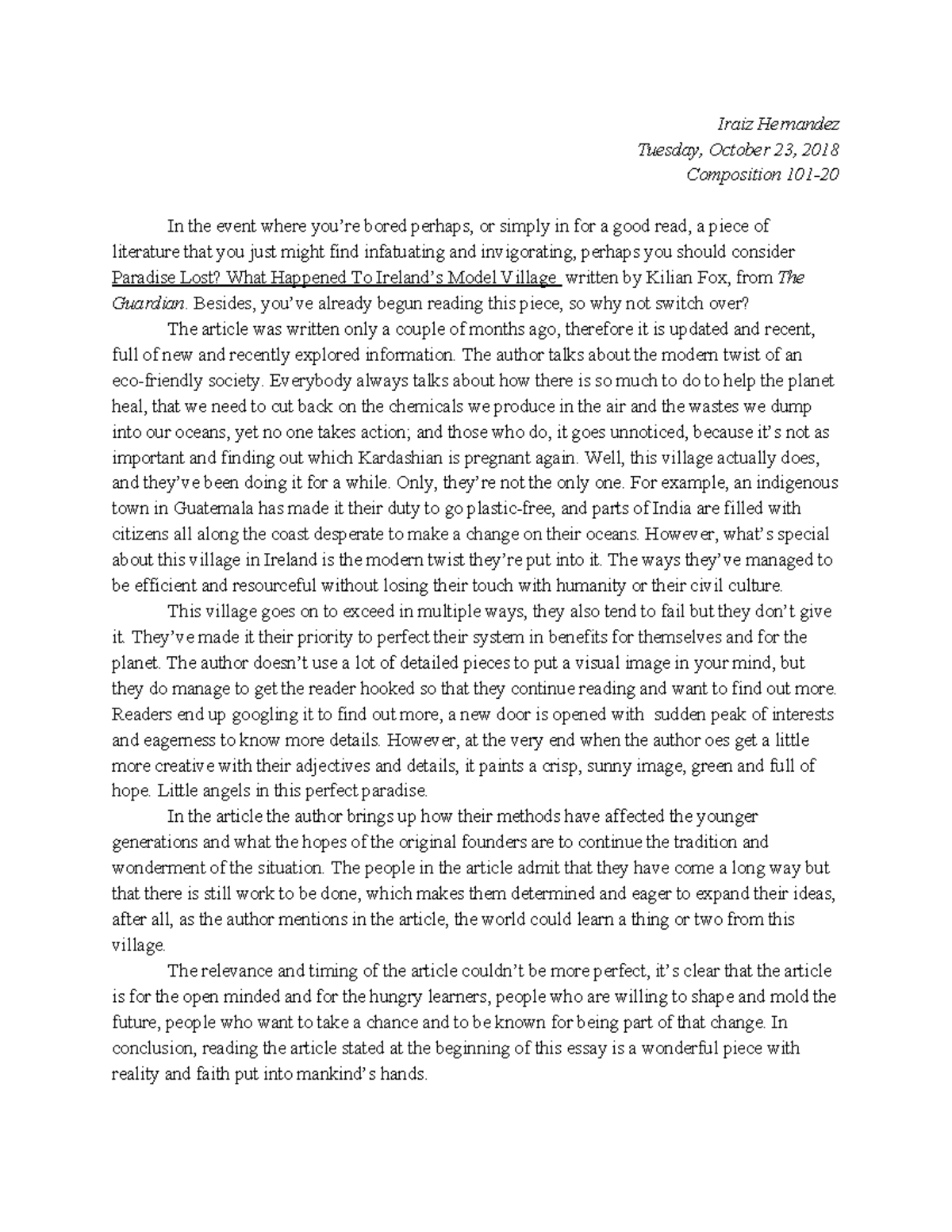 Evaluation Essay - "This composition course introduces students to the ...