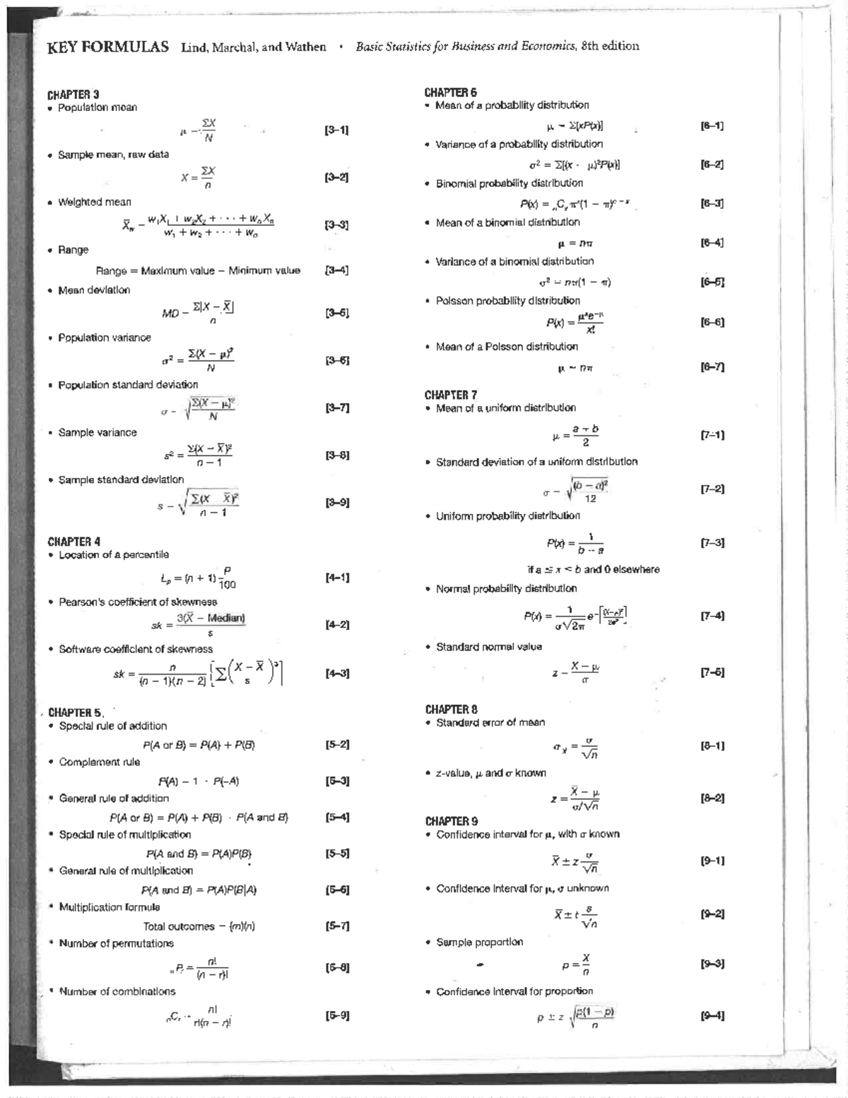 Key formulas - Estatística I - Studocu