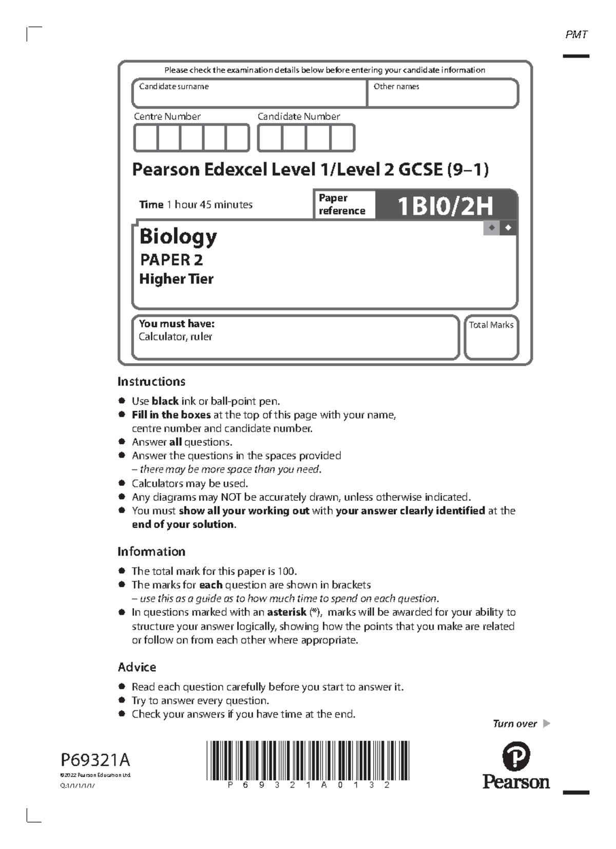 June 2022 QP - Paper 2 (H) Edexcel Biology GCSE - Centre Number ...
