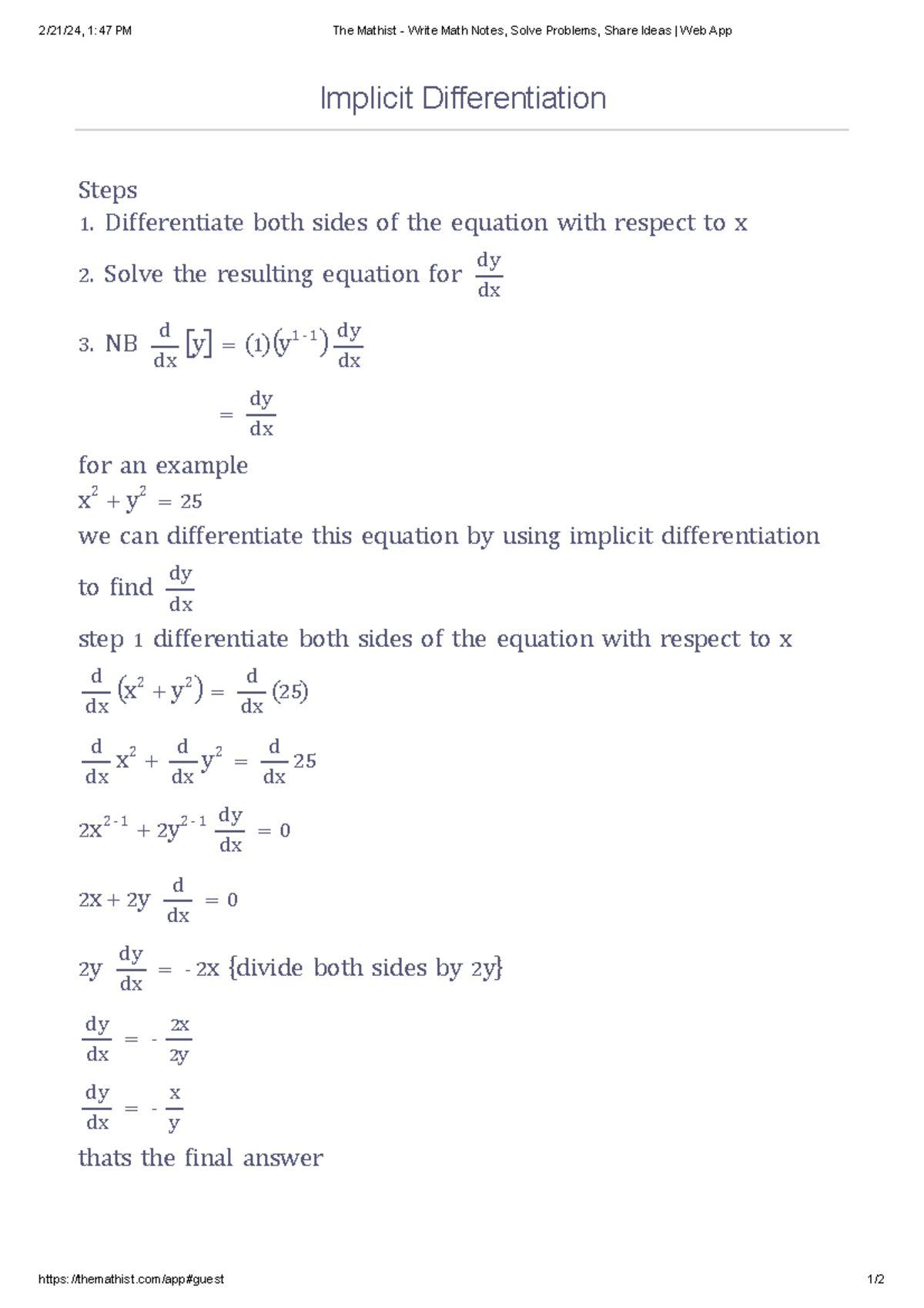 Implicit Differentiation - 2/21/24, 1:47 PM The Mathist - Write Math ...