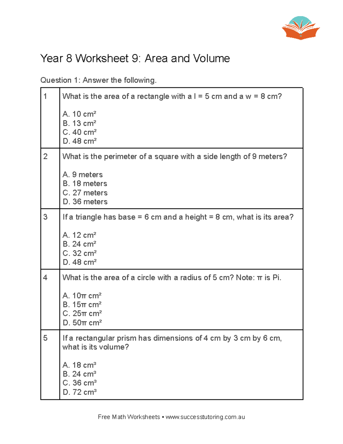 Year-8-Worksheet-9 -Area-and-Volume - Year 8 Worksheet 9: Area and ...
