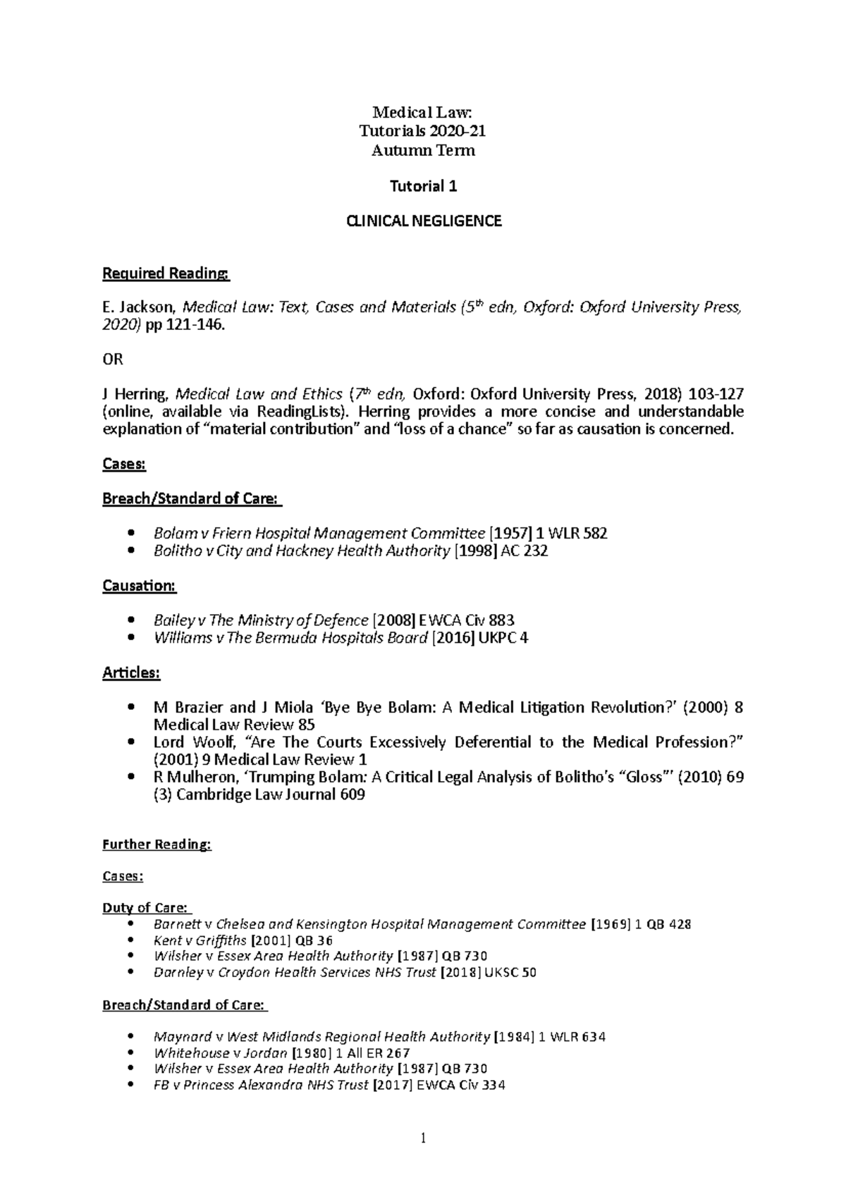 Medical Law tutorial handout semester 1 2021 - Medical Law: Tutorials 2020- Autumn Term Tutorial ...