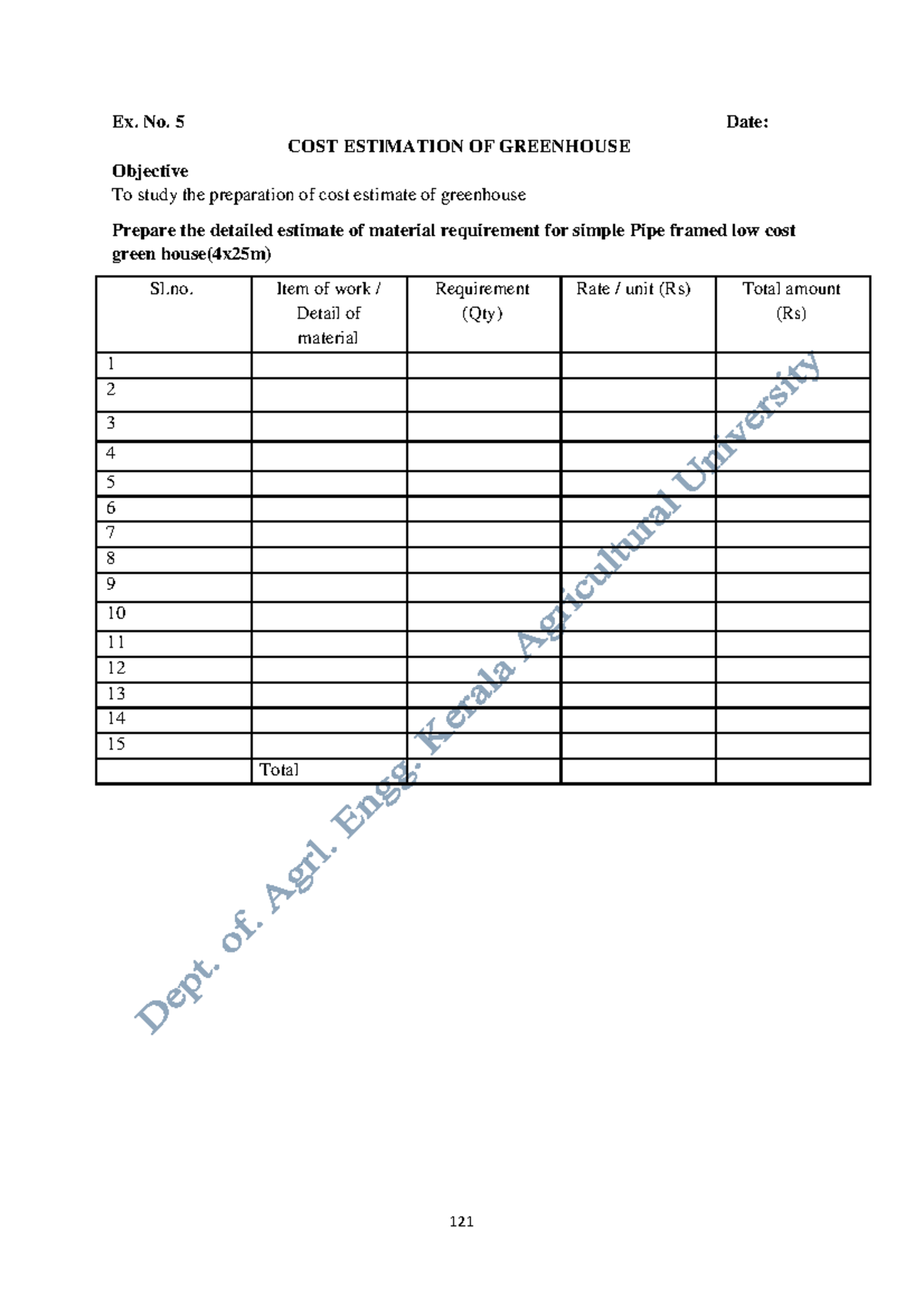 Apfe practical 5 - cost estimation of greenhouse - Ex. No. 5 Date: COST ESTIMATION OF GREENHOUSE ...