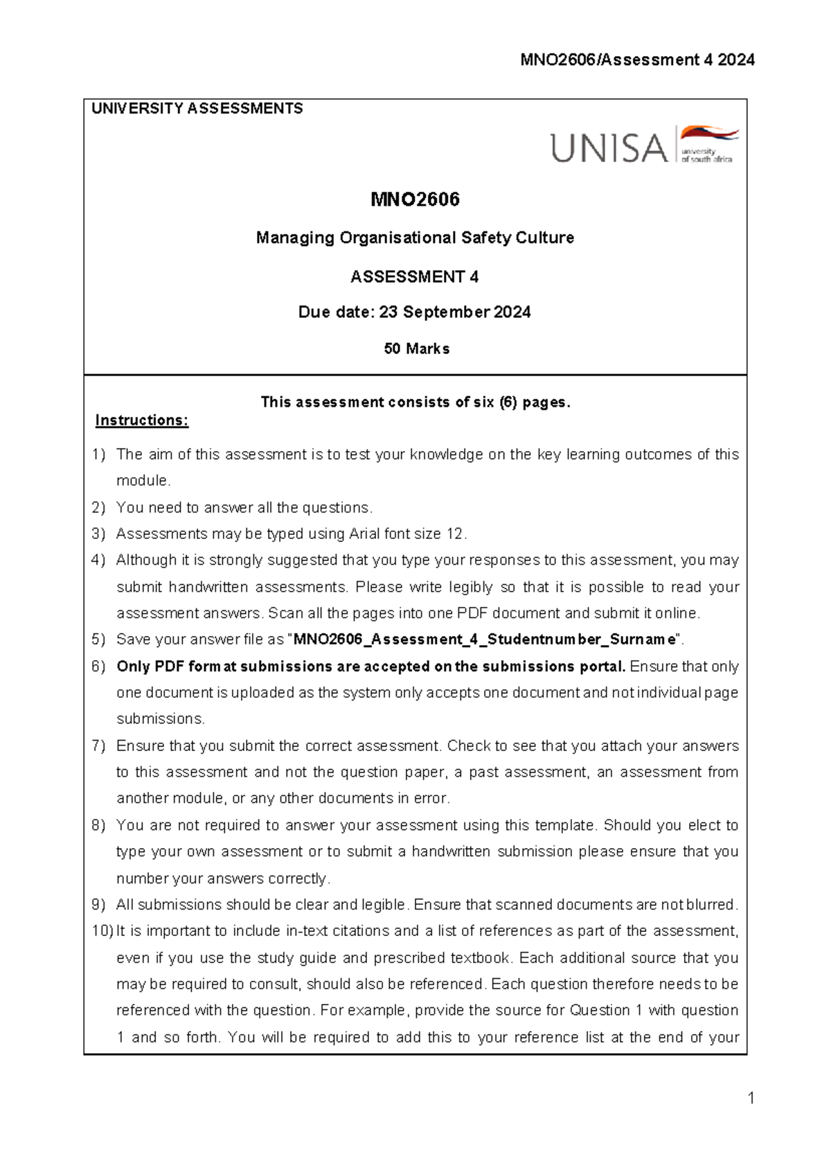 MNO2606 Assessment 4 - assignment - UNIVERSITY ASSESSMENTS MNO Managing ...