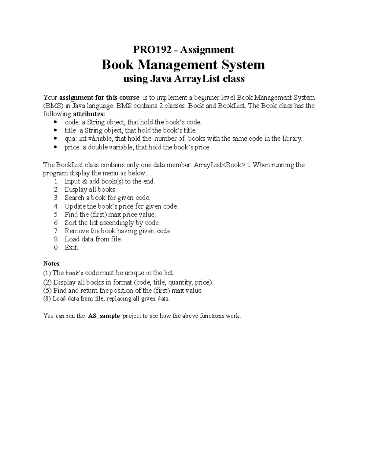 AS requirements - PRO192 - Assignment Book Management System using Java ArrayList class Your ...