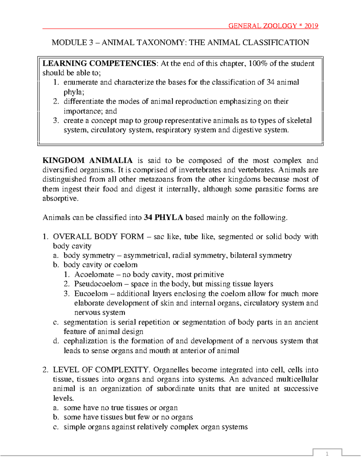 Module 3 - Lecture notes about Zoology - MODULE 3 – ANIMAL TAXONOMY ...
