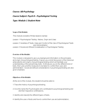 Psy 8 Psychological Testing - Module 5 Personality Test - Course: AB ...