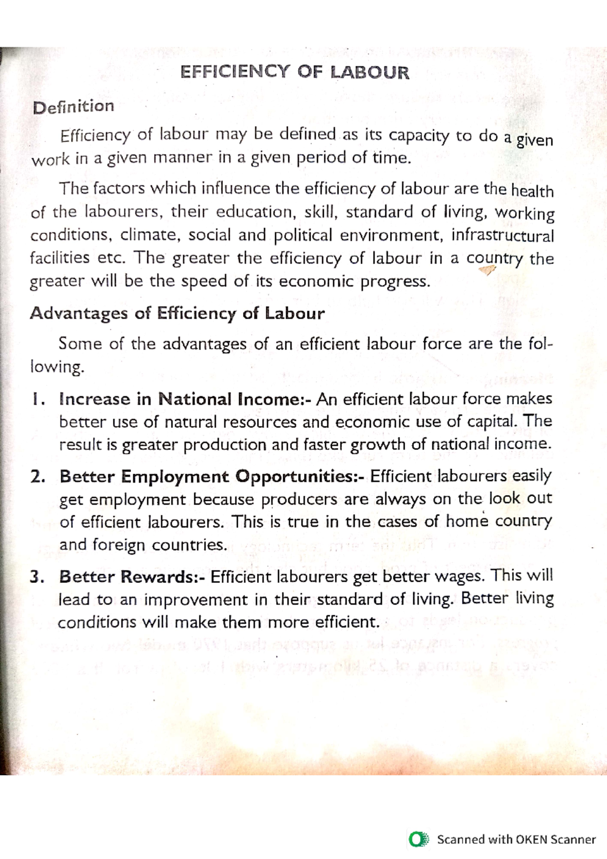 Efficiency of labour - Its study notes - B.A Economics - Studocu