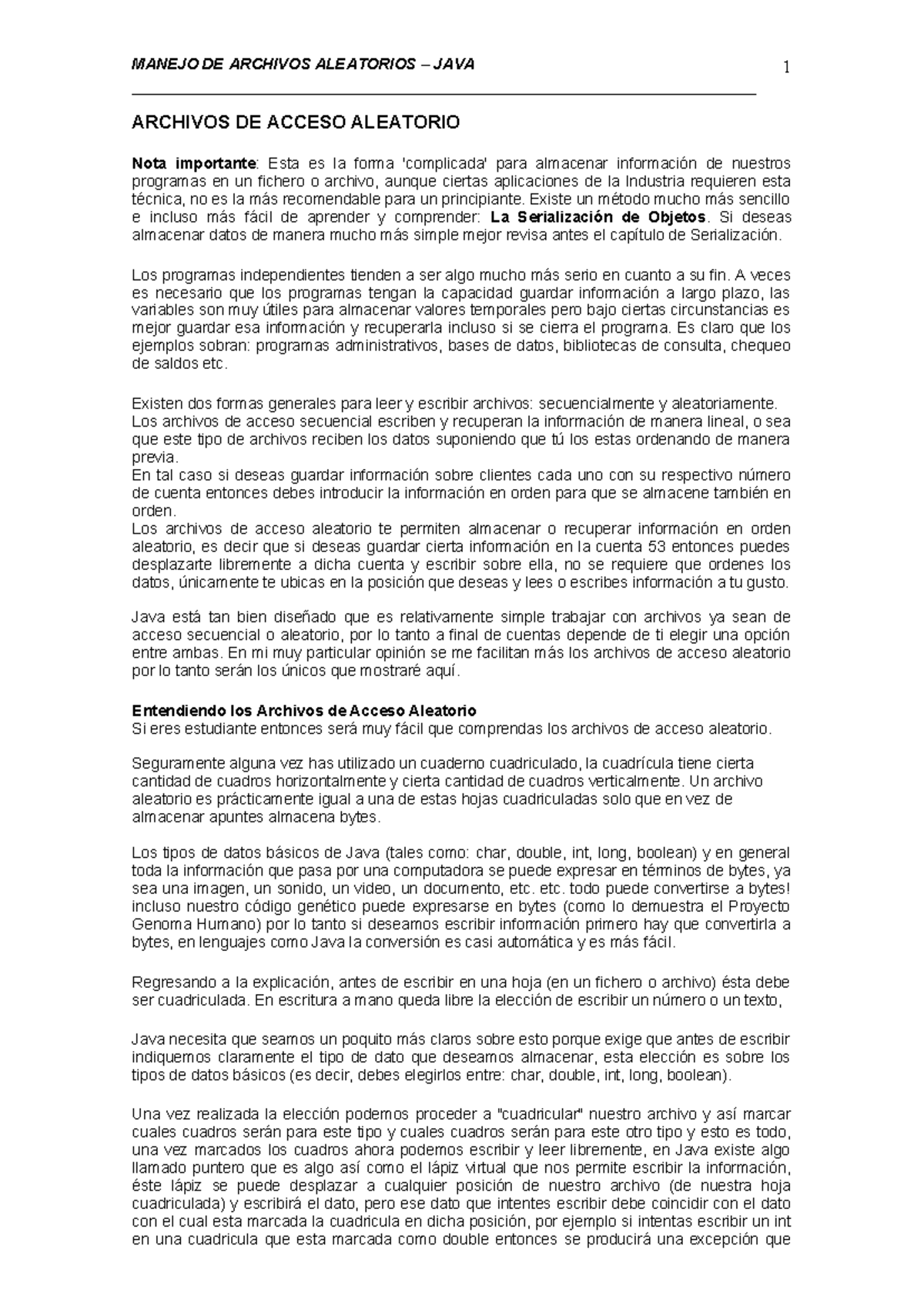 Archivo de Acceso Aleatorio en Java - - Studocu