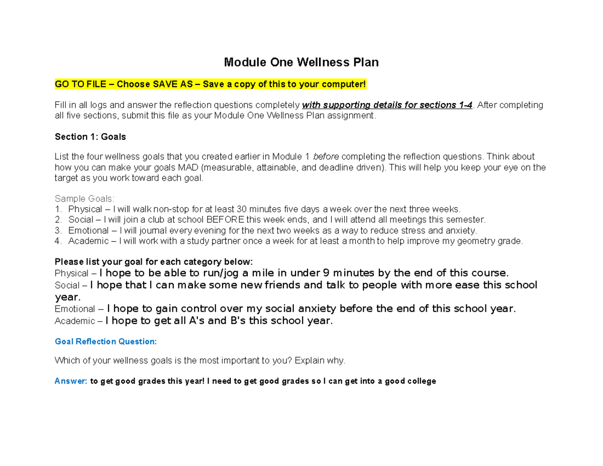 Module one wellness plantdyrdytdy - Module One Wellness Plan GO TO FILE ...