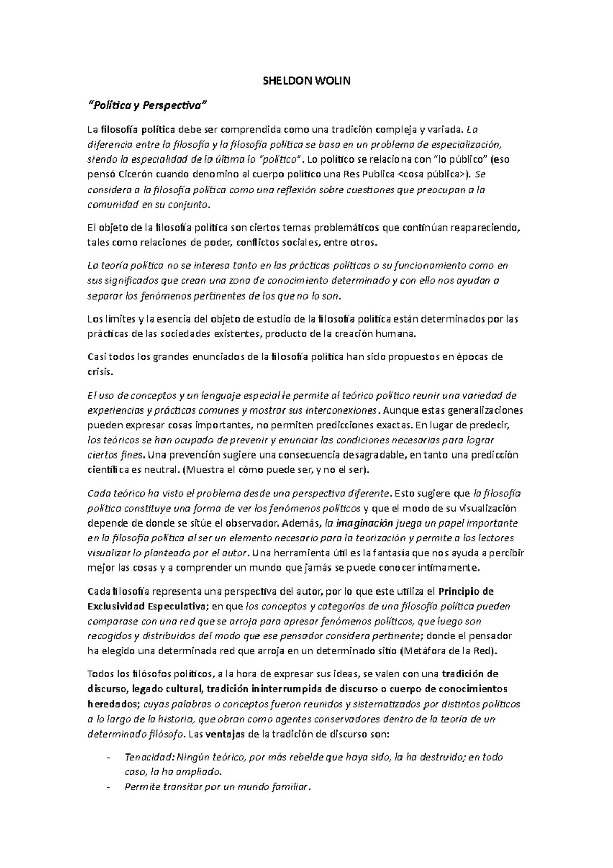 Wolin y Wolff - SHELDON WOLIN “Política y Perspectiva” La filosofía ...