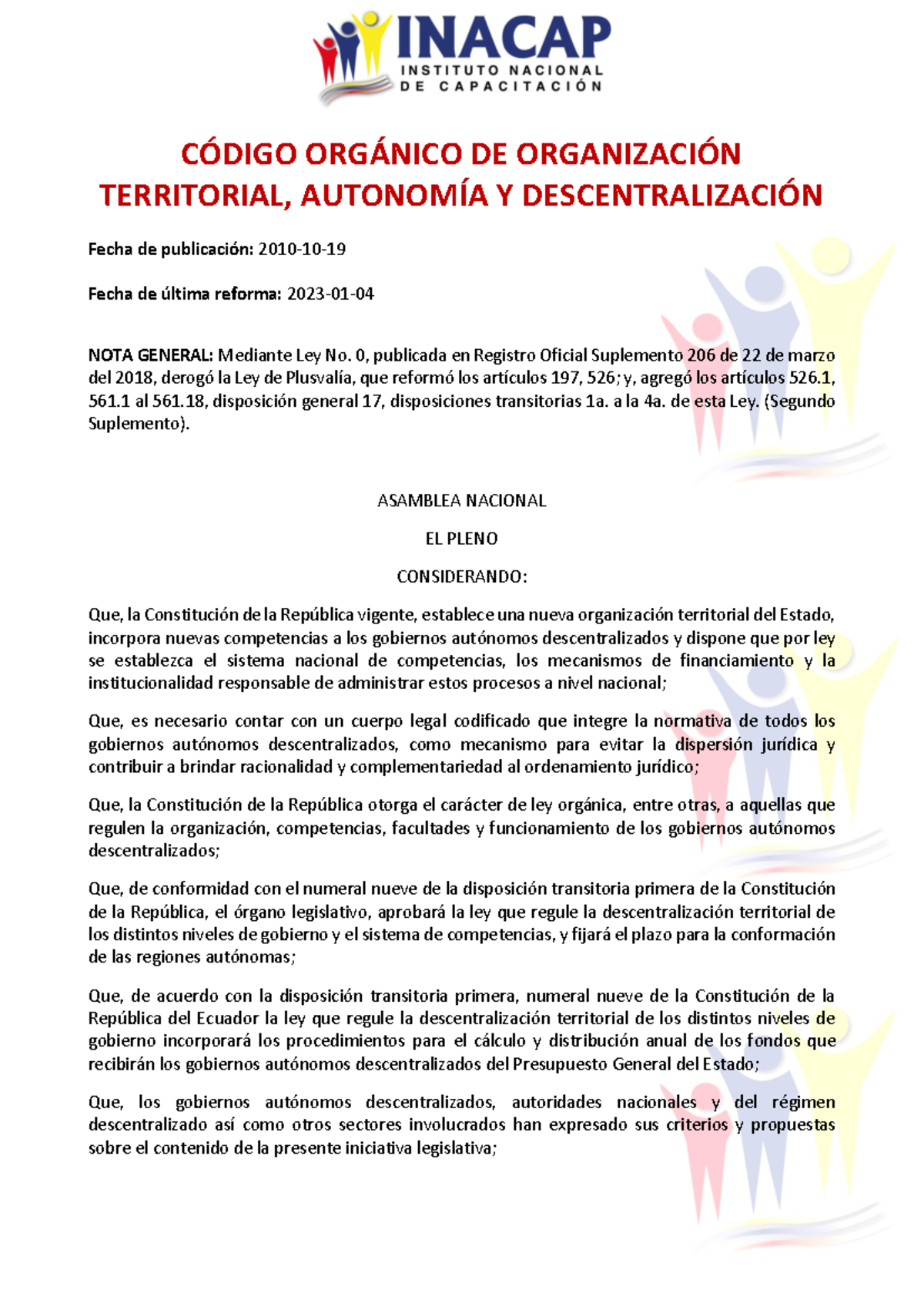 Cootad (actualizado a 2023) - CÓDIGO ORGÁNICO DE ORGANIZACIÓN ...