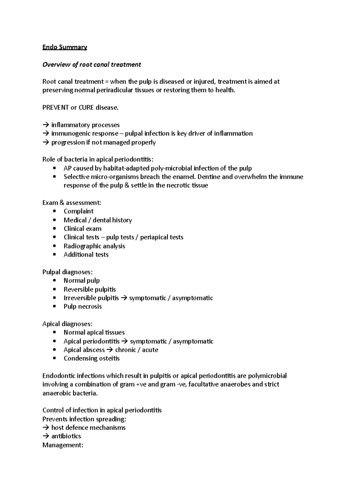 Endo Summary - Endo Summary Overview of root canal treatment Root canal treatment = when the ...