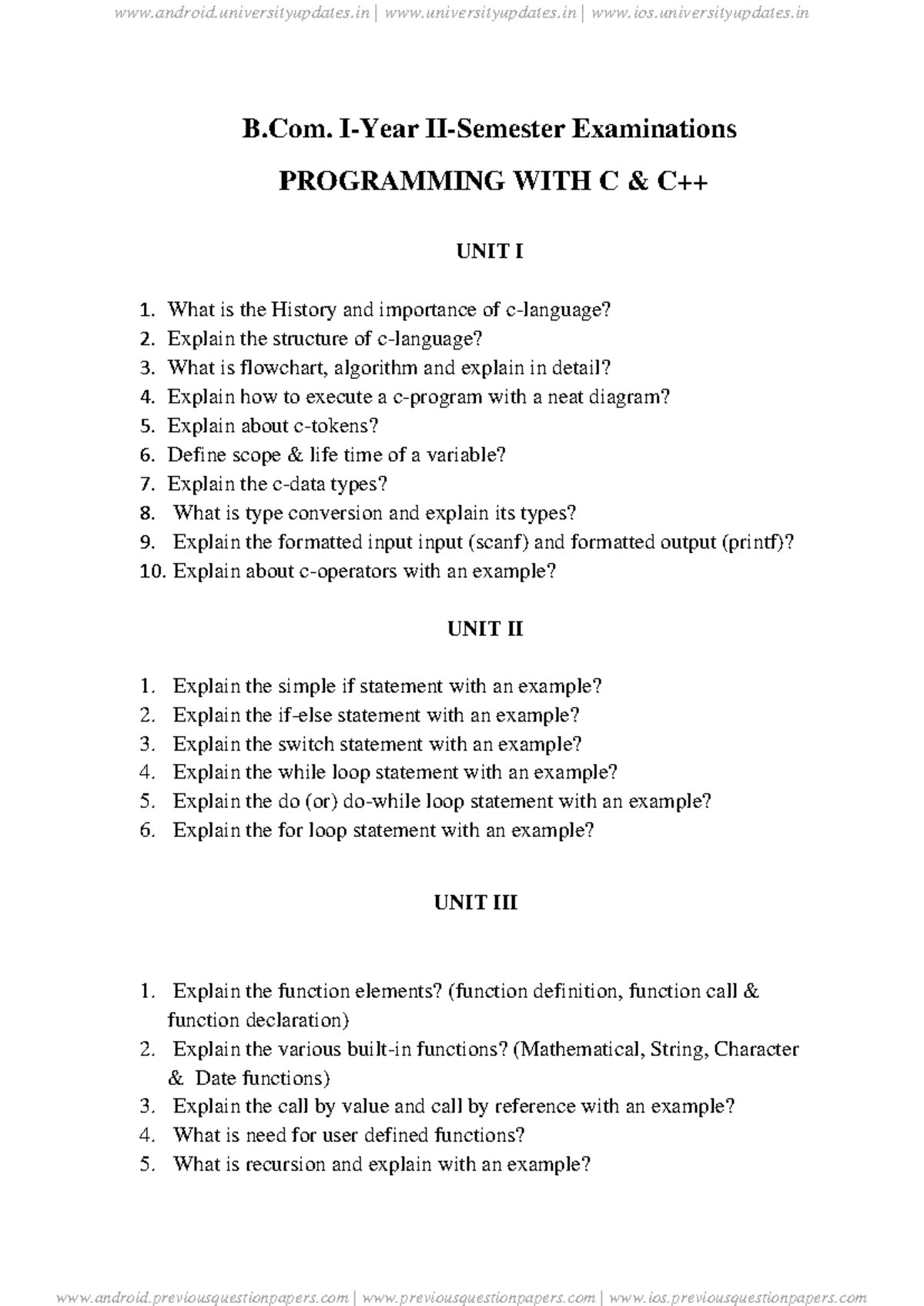 BCom II C & C++ imp questions - B. I-Year II-Semester Examinations ...