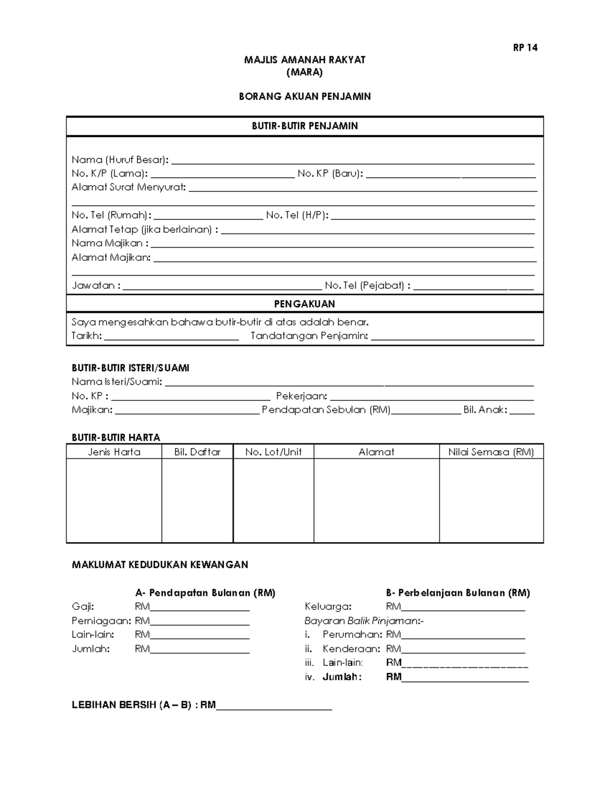 I. Borang RP 14 (Akuan Penjamin) - RP 14 MAJLIS AMANAH RAKYAT (MARA ...