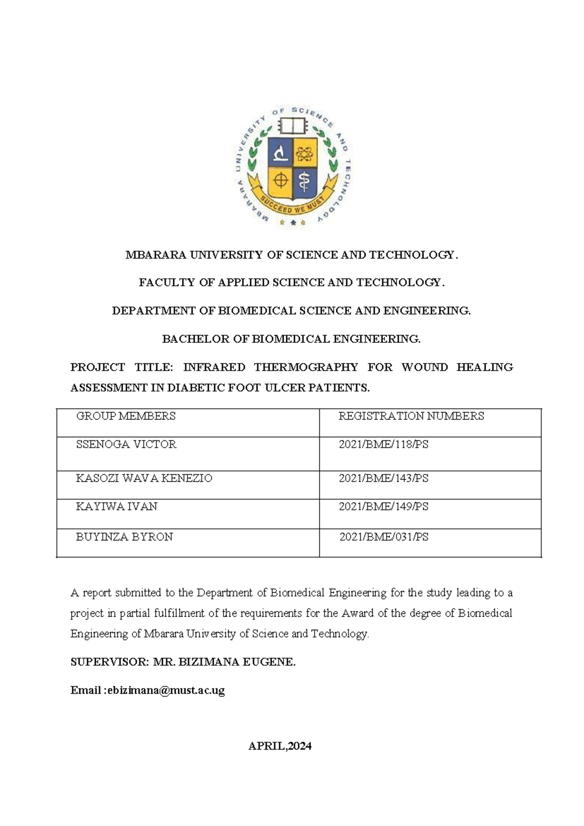 Project Final Report - MBARARA UNIVERSITY OF SCIENCE AND TECHNOLOGY. FACULTY OF APPLIED SCIENCE ...
