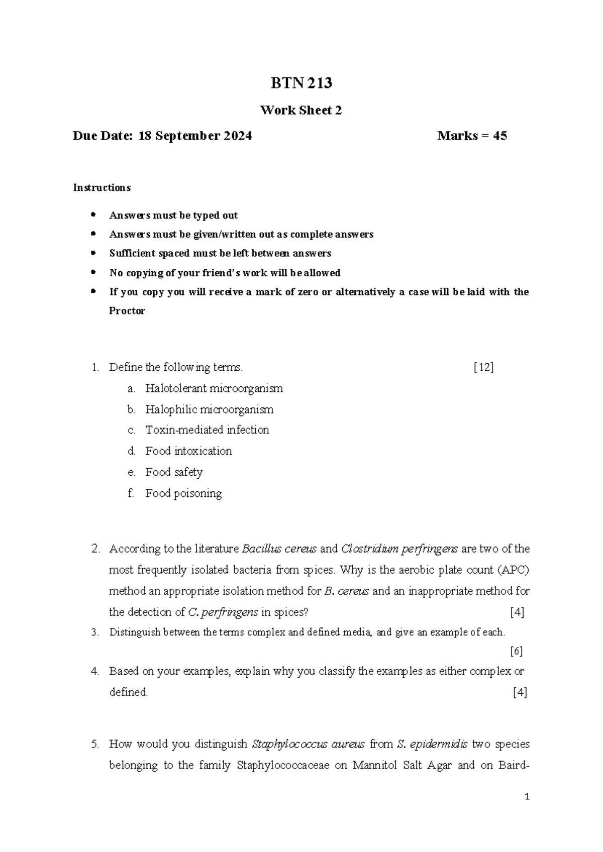 BTN 213 Practical Assingment 2 2024 - BTN 213 Work Sheet 2 Due Date: 18 ...