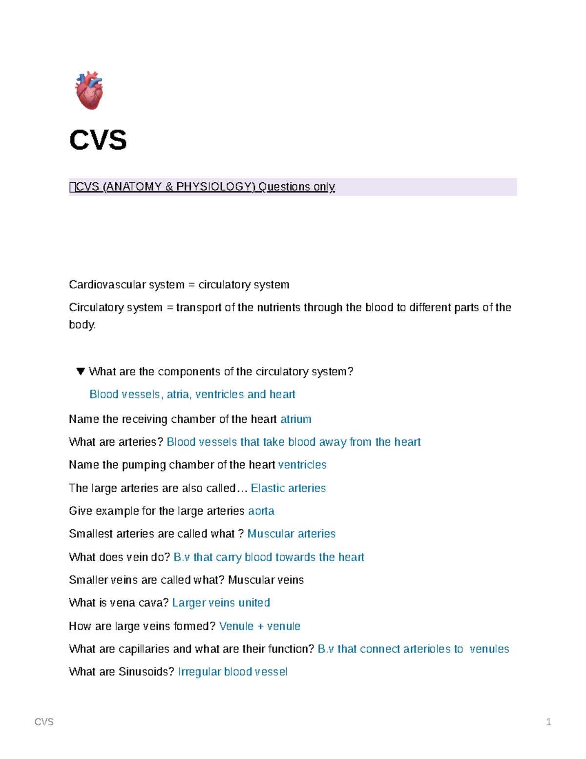 Anatomy & Physiology CARDIOVASCULAR SYSTEM - CVS ฀CVS (ANATOMY ...