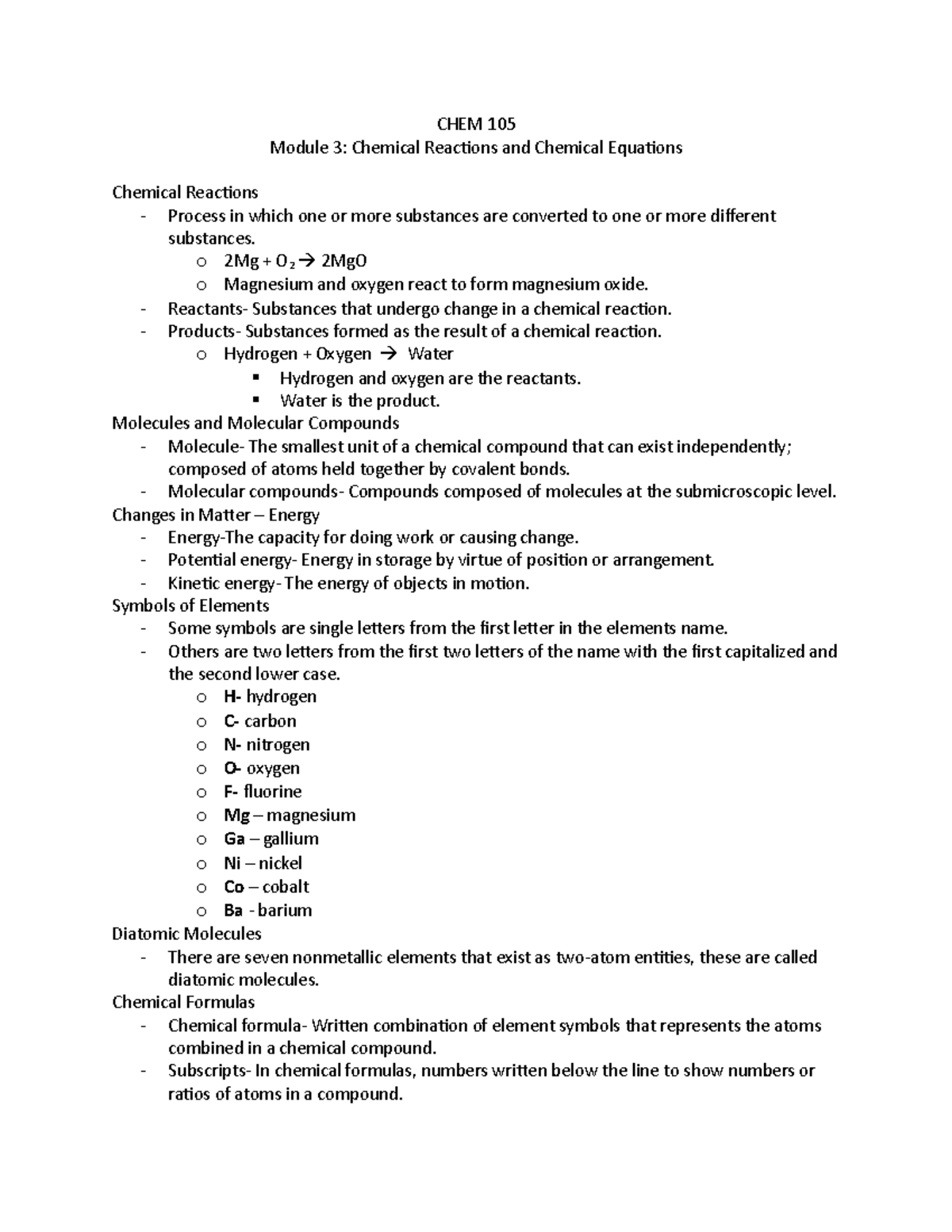CHEM 105 Module 3 - Chemical Reactions and Chemical Equations. All ...