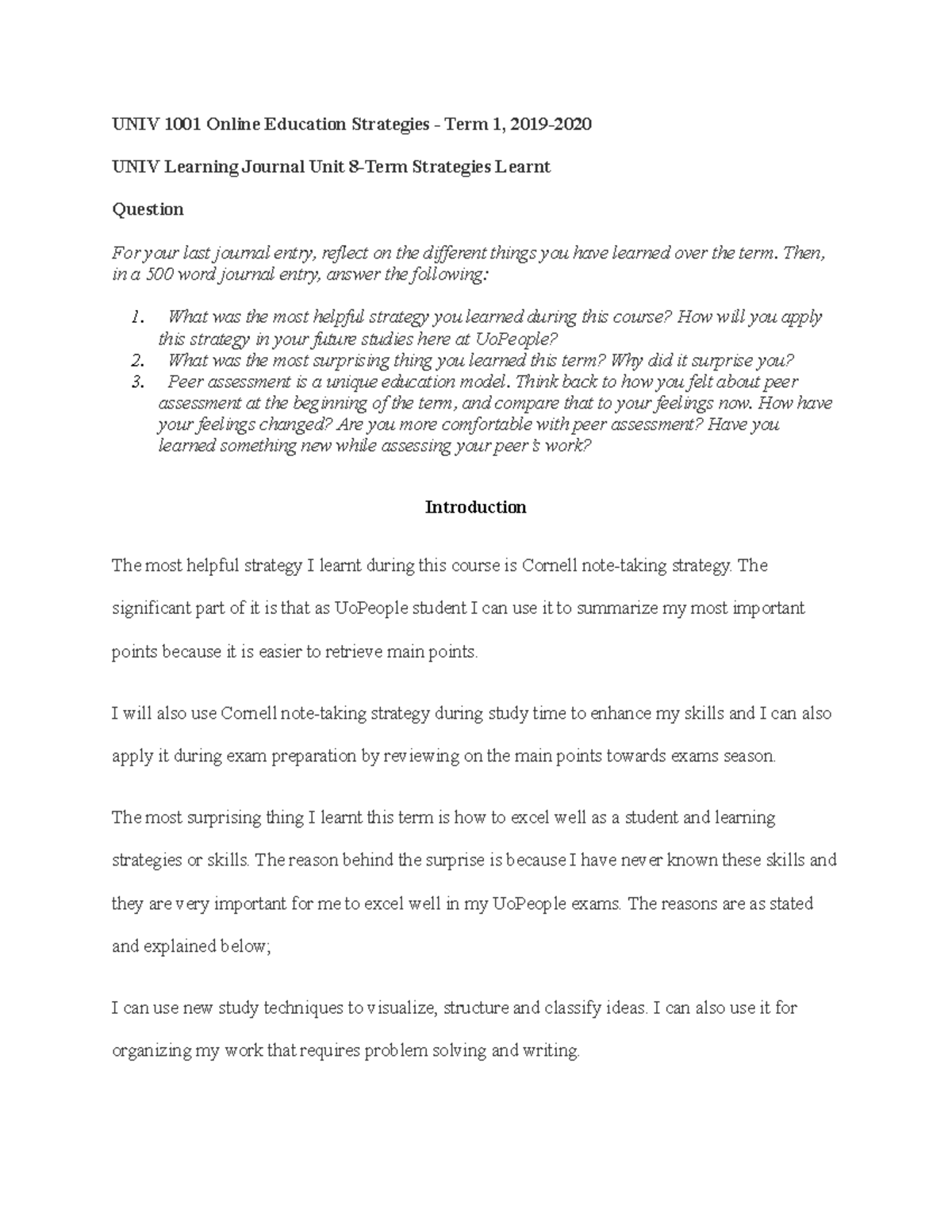 UNIV Learning Journal Unit 8 - UNIV 1001 Online Education Strategies ...
