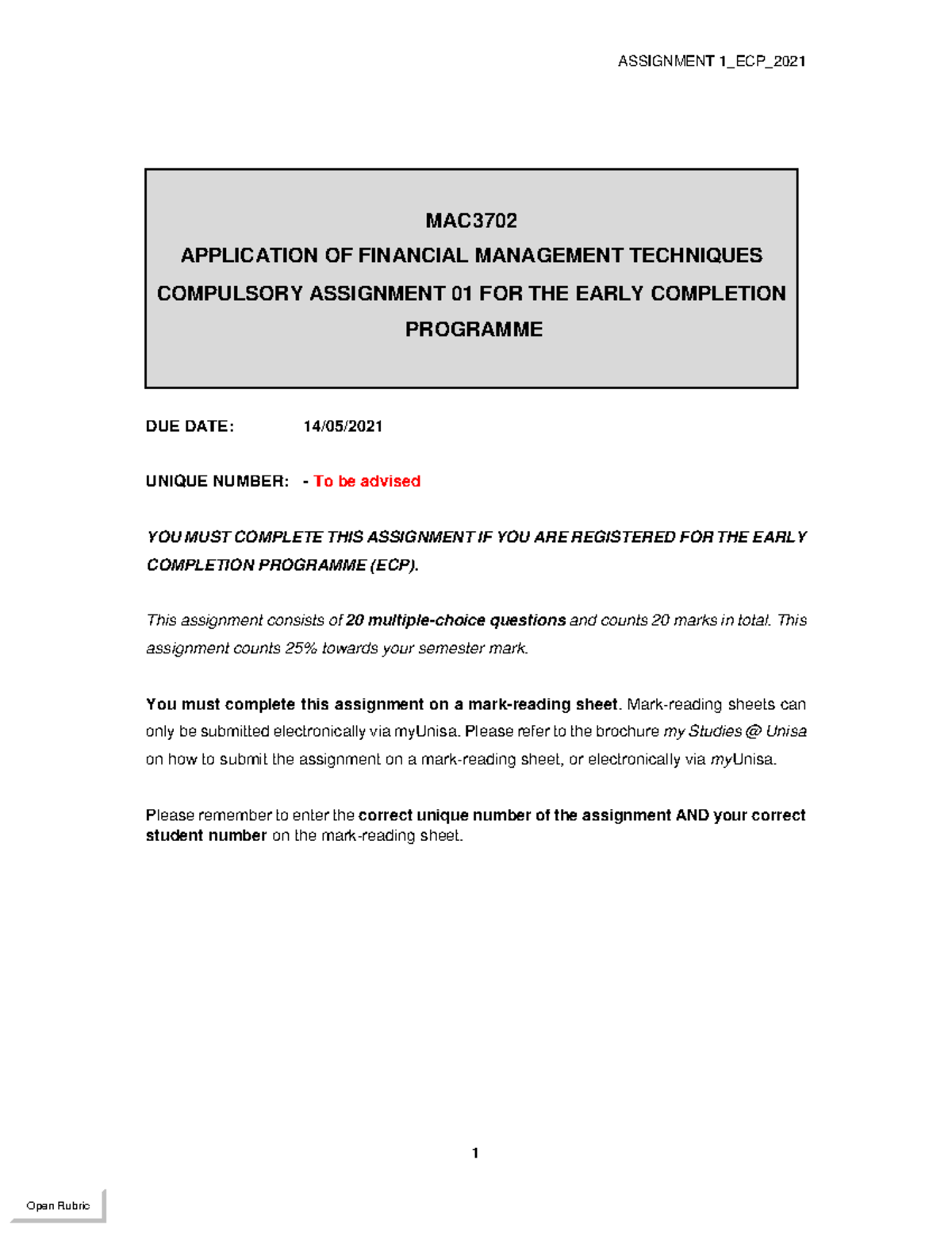 MAC3702 2021 ECP Assignment 1 (1) - 1 MAC APPLICATION OF FINANCIAL MANAGEMENT TECHNIQUES ...