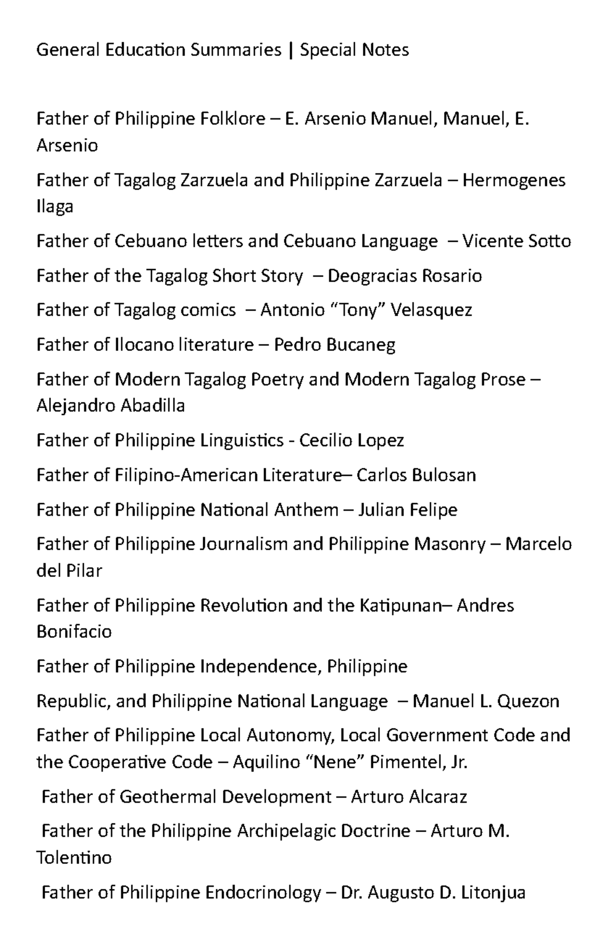 General Education Summaries - Arsenio Manuel, Manuel, E. Arsenio Father ...