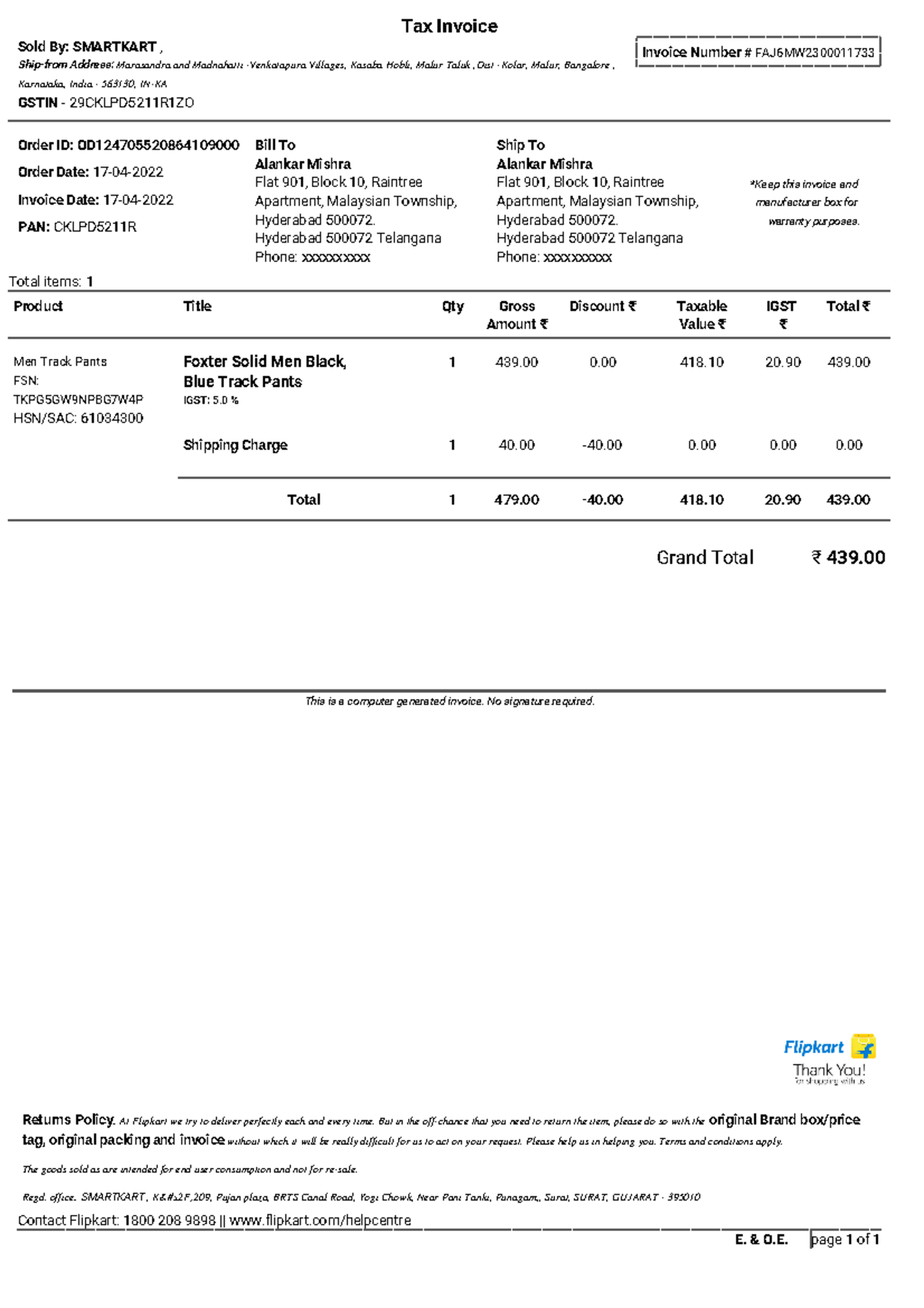 OD124705520864109000 - E. & O. page 1 of 1 *Keep this invoice and ...