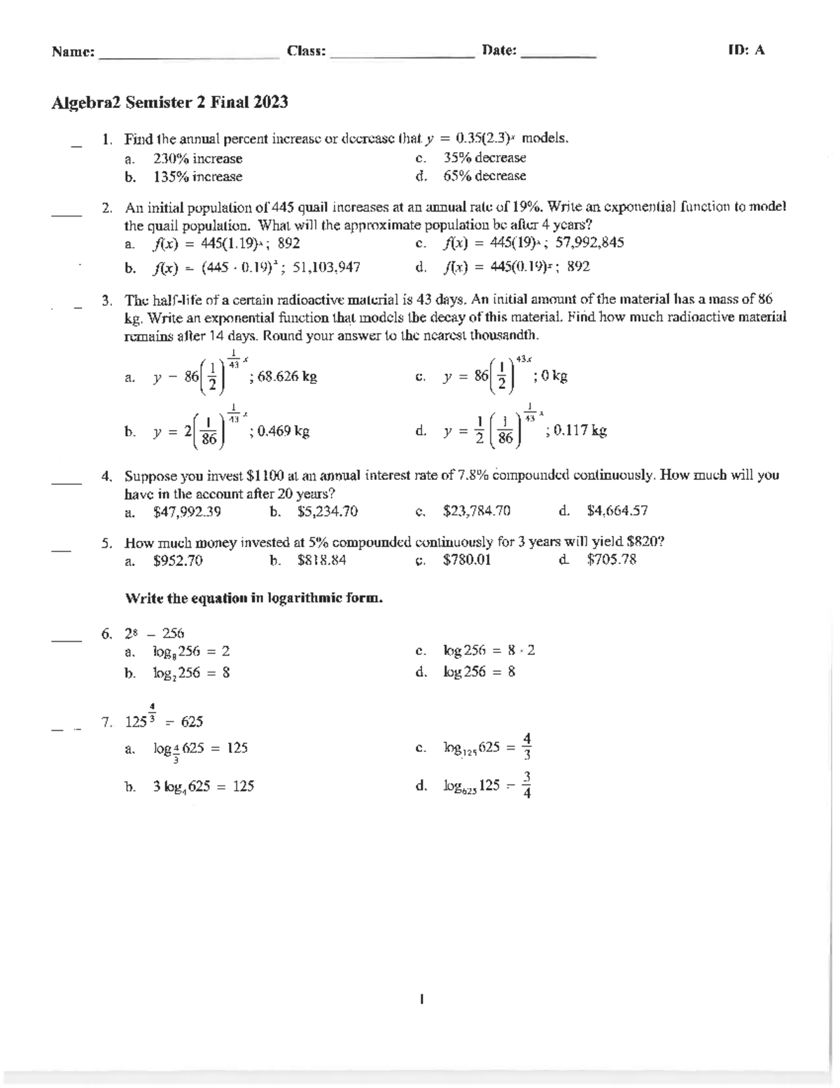 Muhammad Redwanuzzaman - Algebra 2 Semester 2 Final 2023 - Studocu
