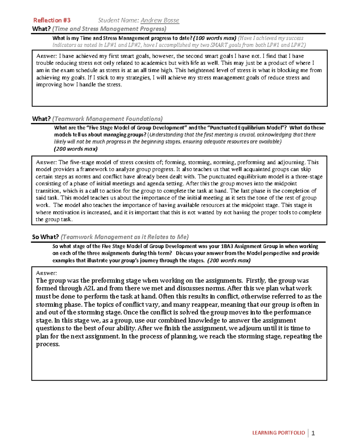 LP Reflection #3 - 1BA3 - Teamwork Management Template - LEARNING PORTFOLIO 1 Reflection #3 ...