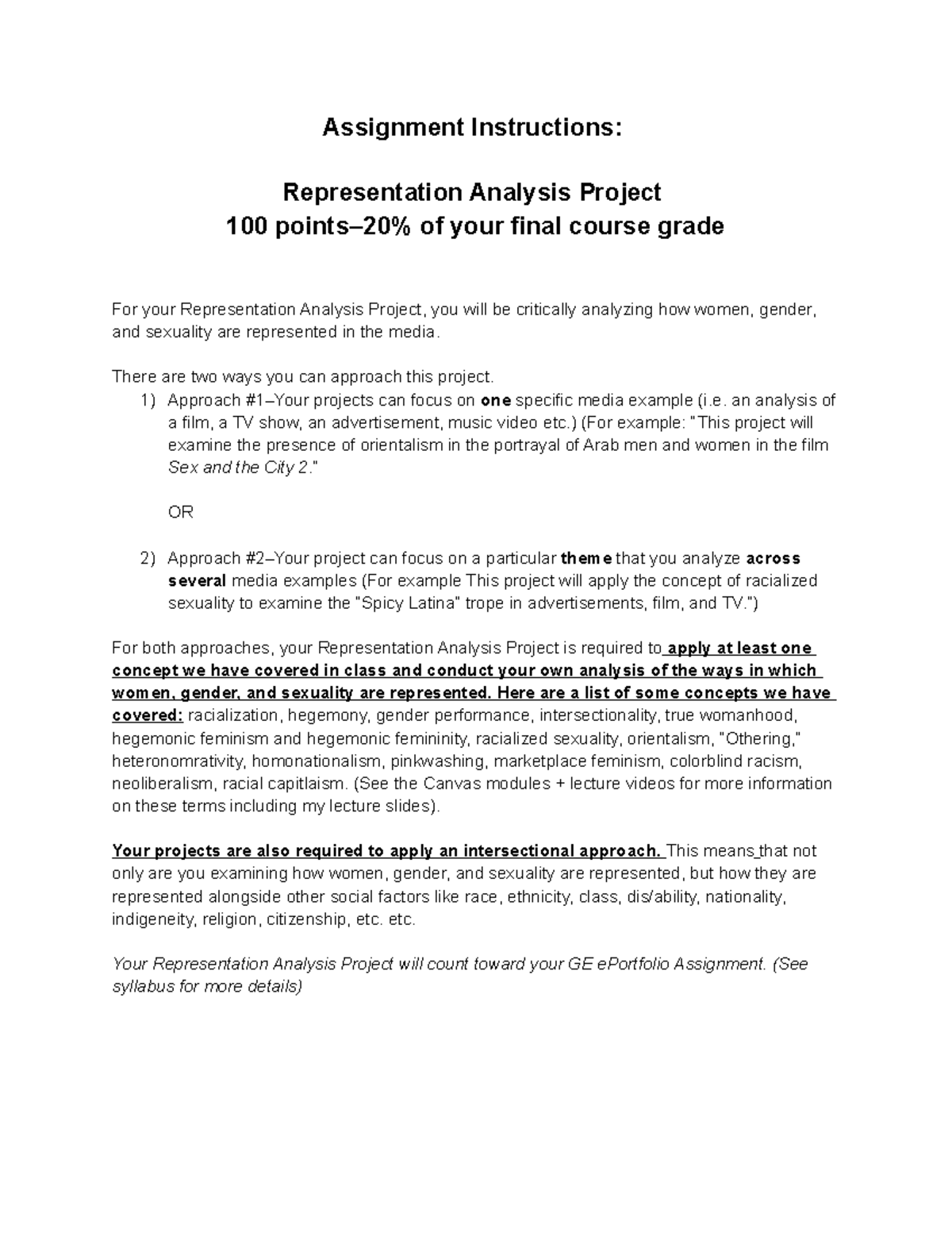 WGSS 110-Representation Analysis Projects - Assignment Instructions ...