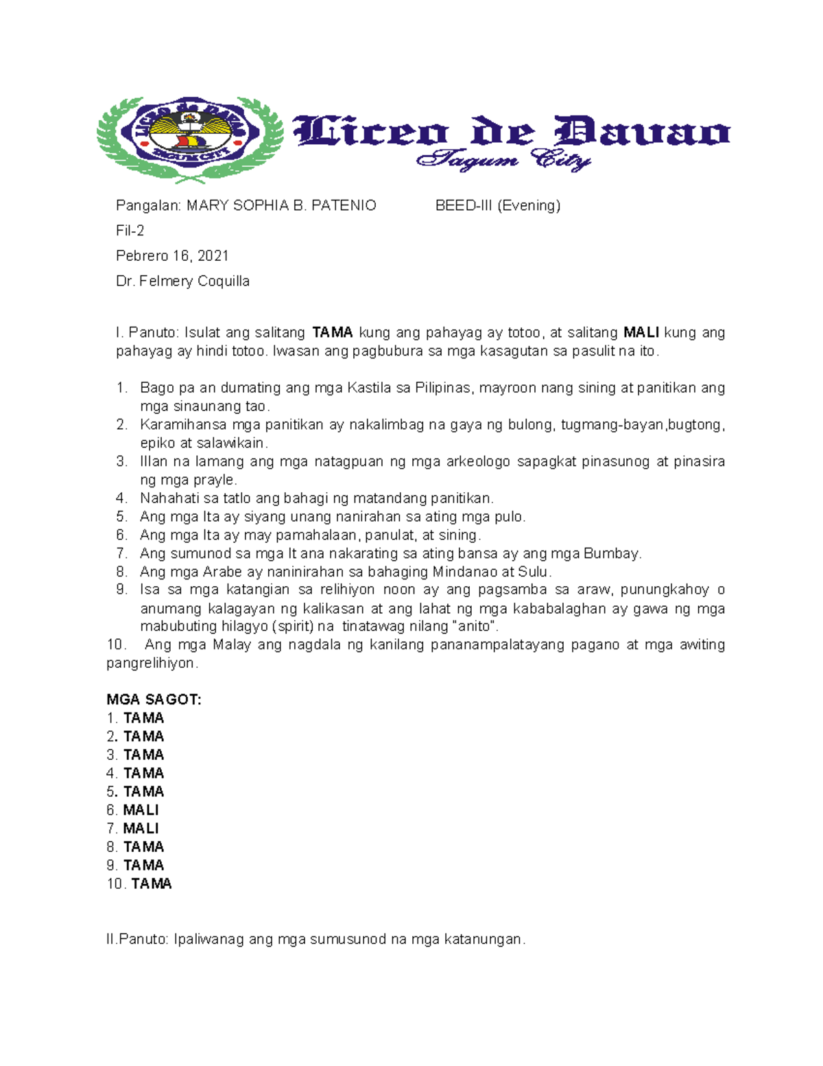 Patenio - Prelim Filipino 2 - Pangalan: MARY SOPHIA B. PATENIO BEED-III ...